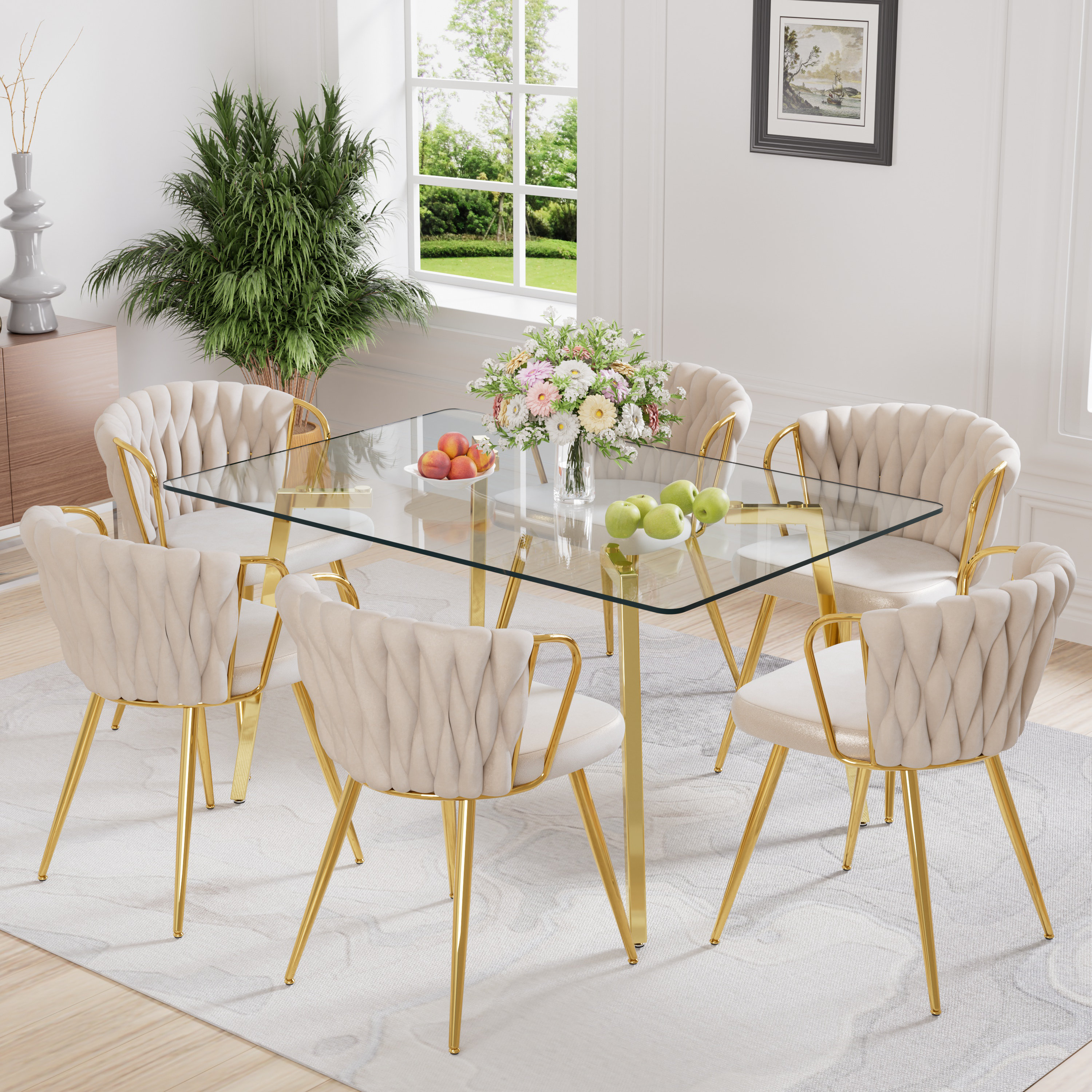 Mercer41 Rectangle Glass Dining Table Set with Velvet Dining Chair ...
