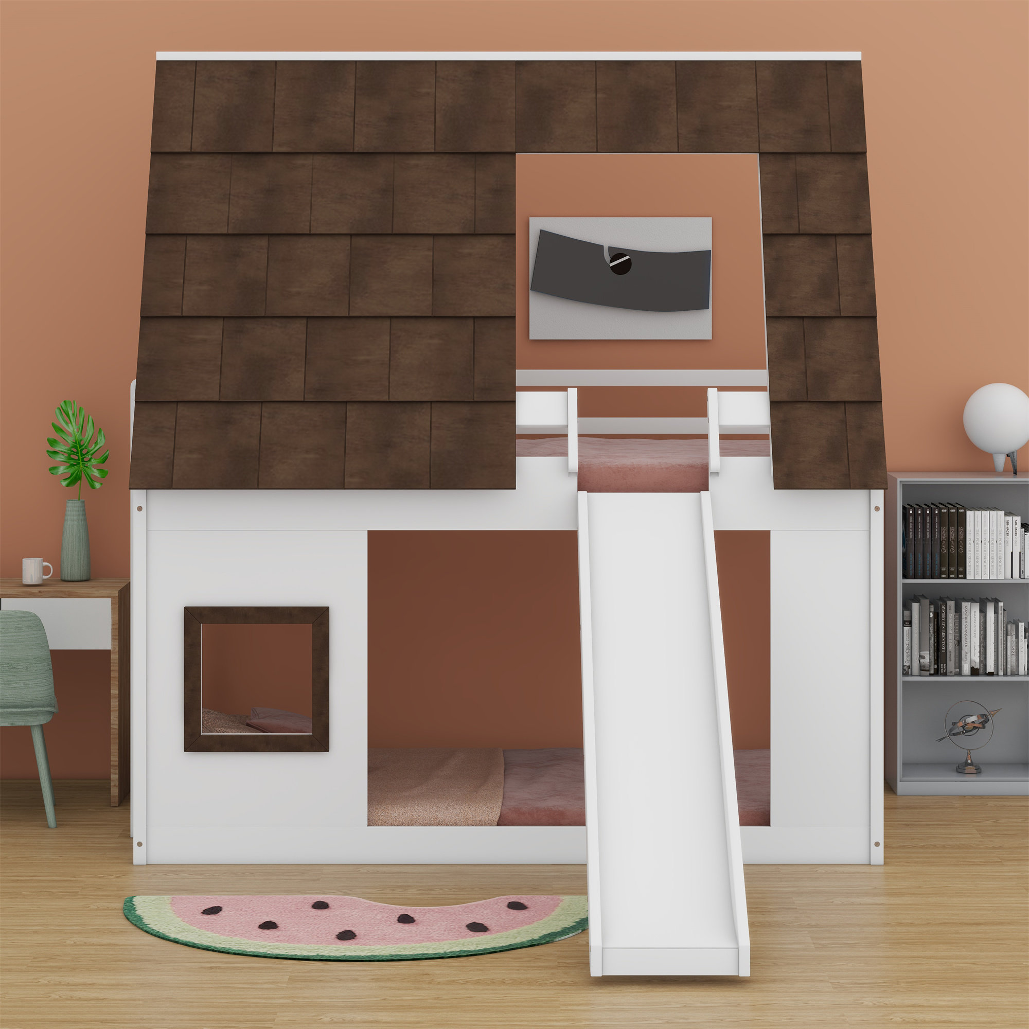 FURNITURE FACTORY OUTLET, LLC House Bunk Bed With Roof, Ladder And ...