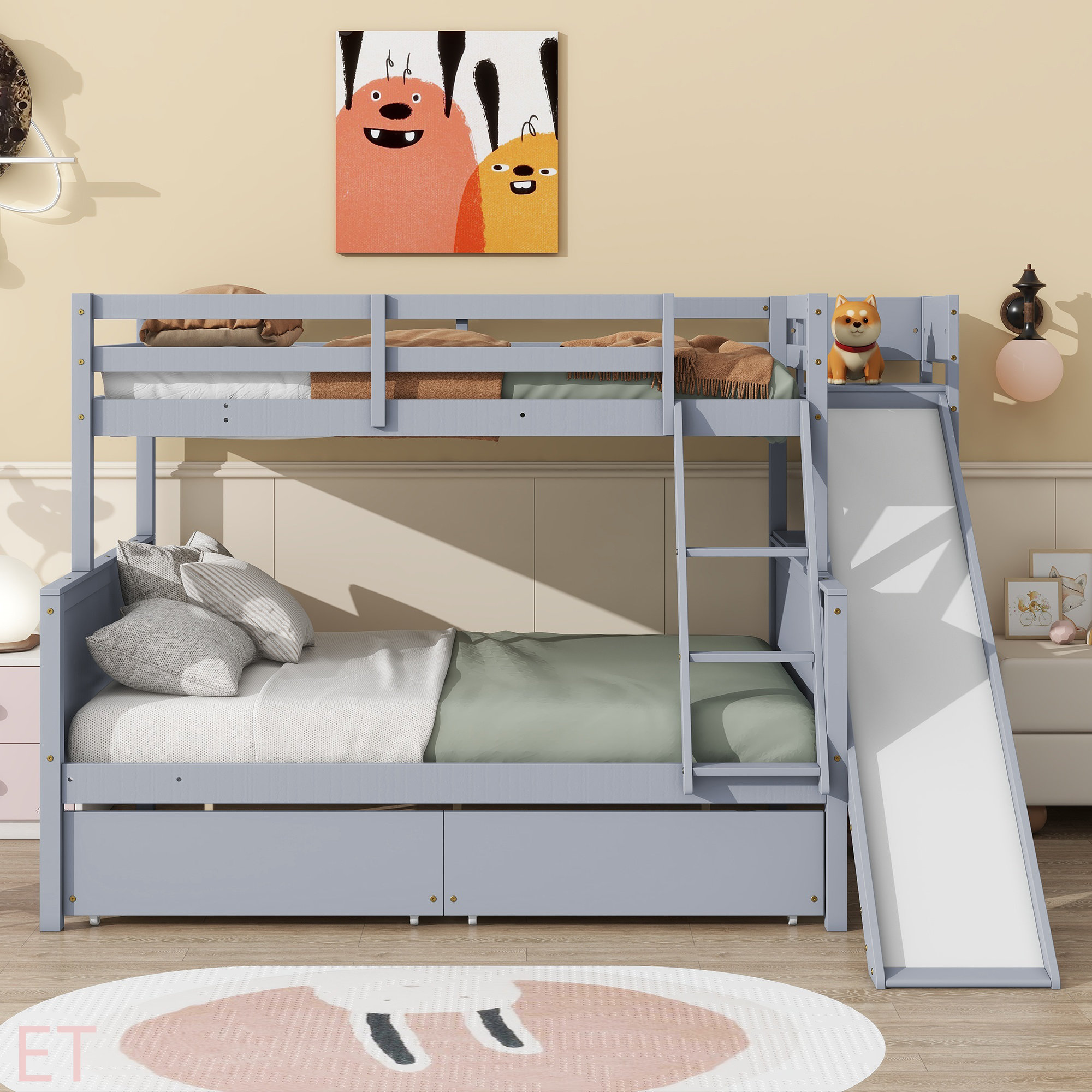 Harriet Bee Twin Over Full Bunk Bed With 2 Drawers, Slide, Shelves ...