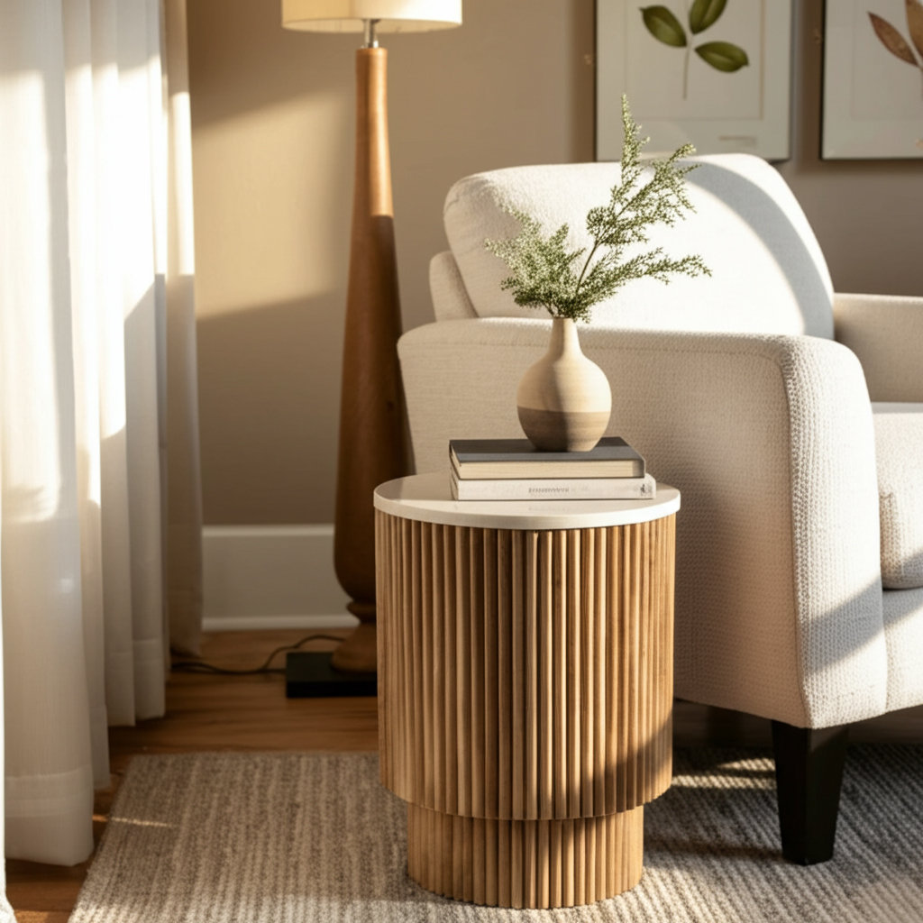 Ivy Bronx 20" Ribbed Pedestal Table Marble Top, White | Wayfair