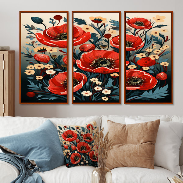 Design Art Red Poppies In The Meadow Retro Illustration - Poppy Wall ...