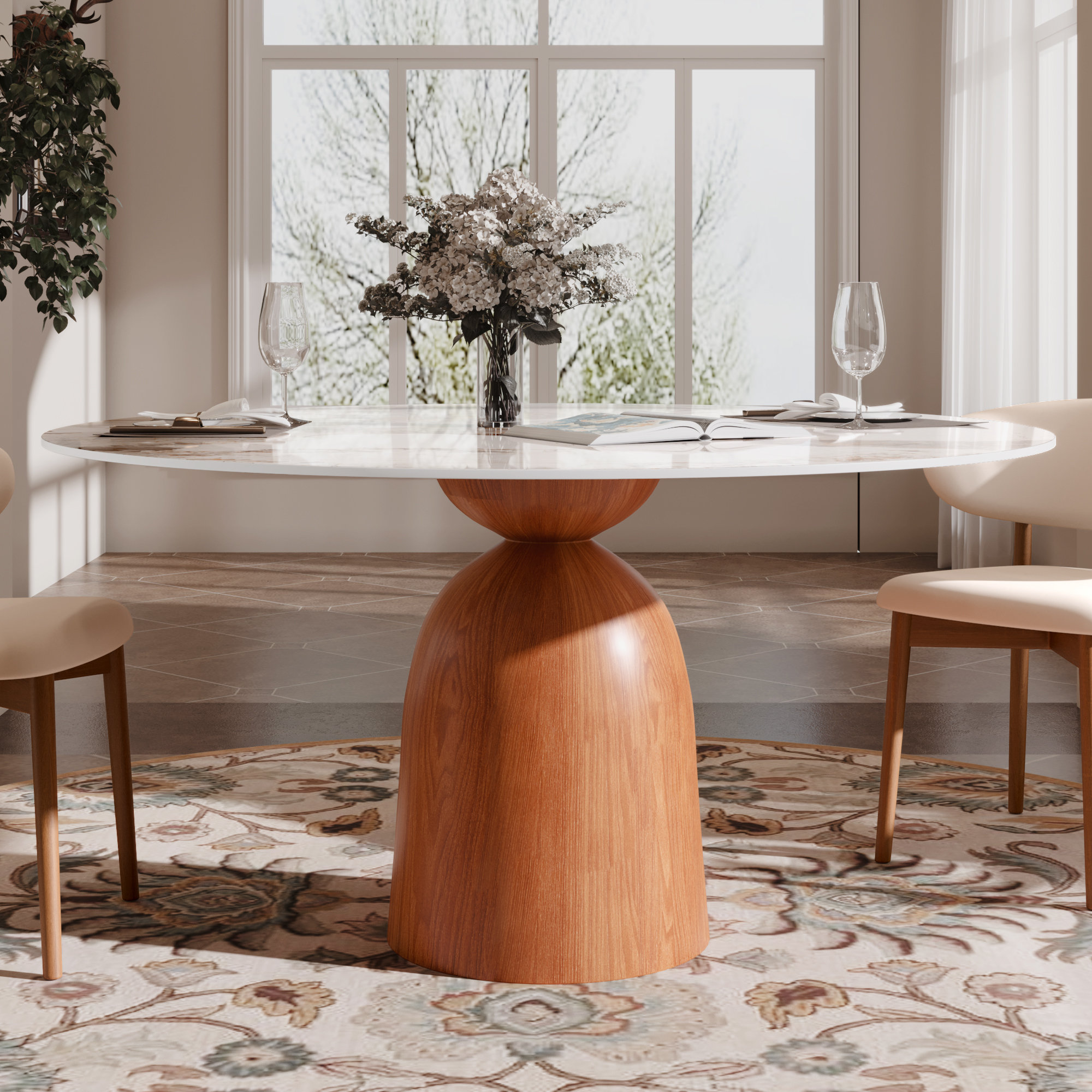 Orren Ellis Marble Top Round Pedestal Farmhouse Kitchen Dining Table ...