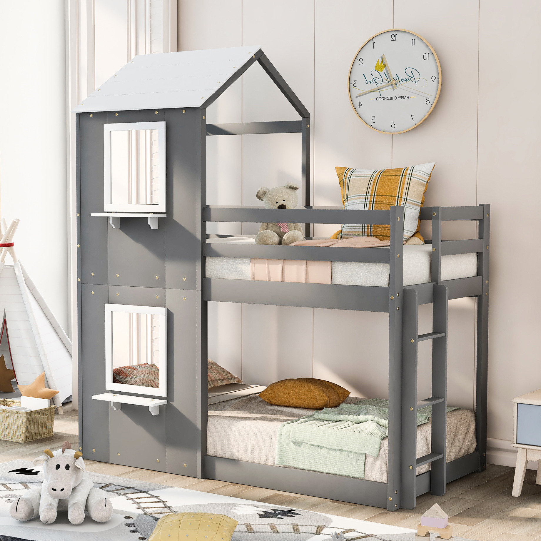 Latitude Run® Twin Over Bunk Bed- Semi-Enclosed Design With And Window ...