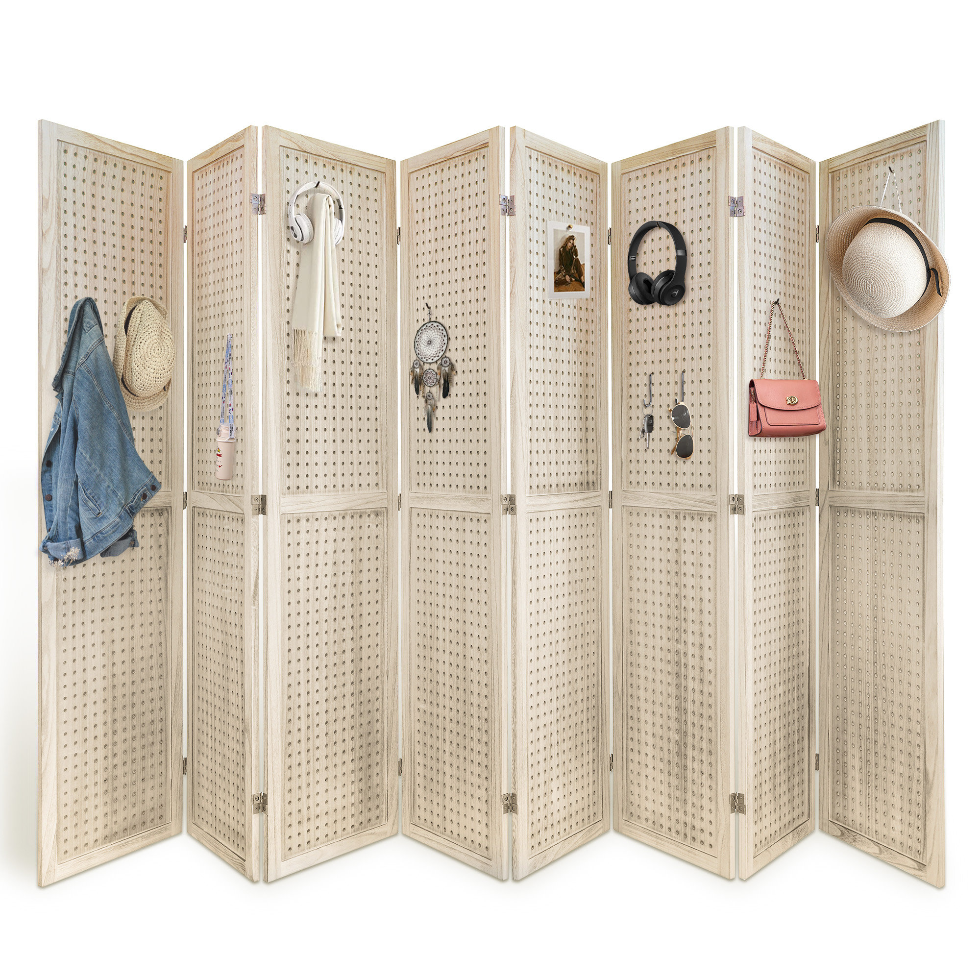 Beachcrest Home™ Folding Room Divider 5.6 Ft Wood Pegboard Display Room ...