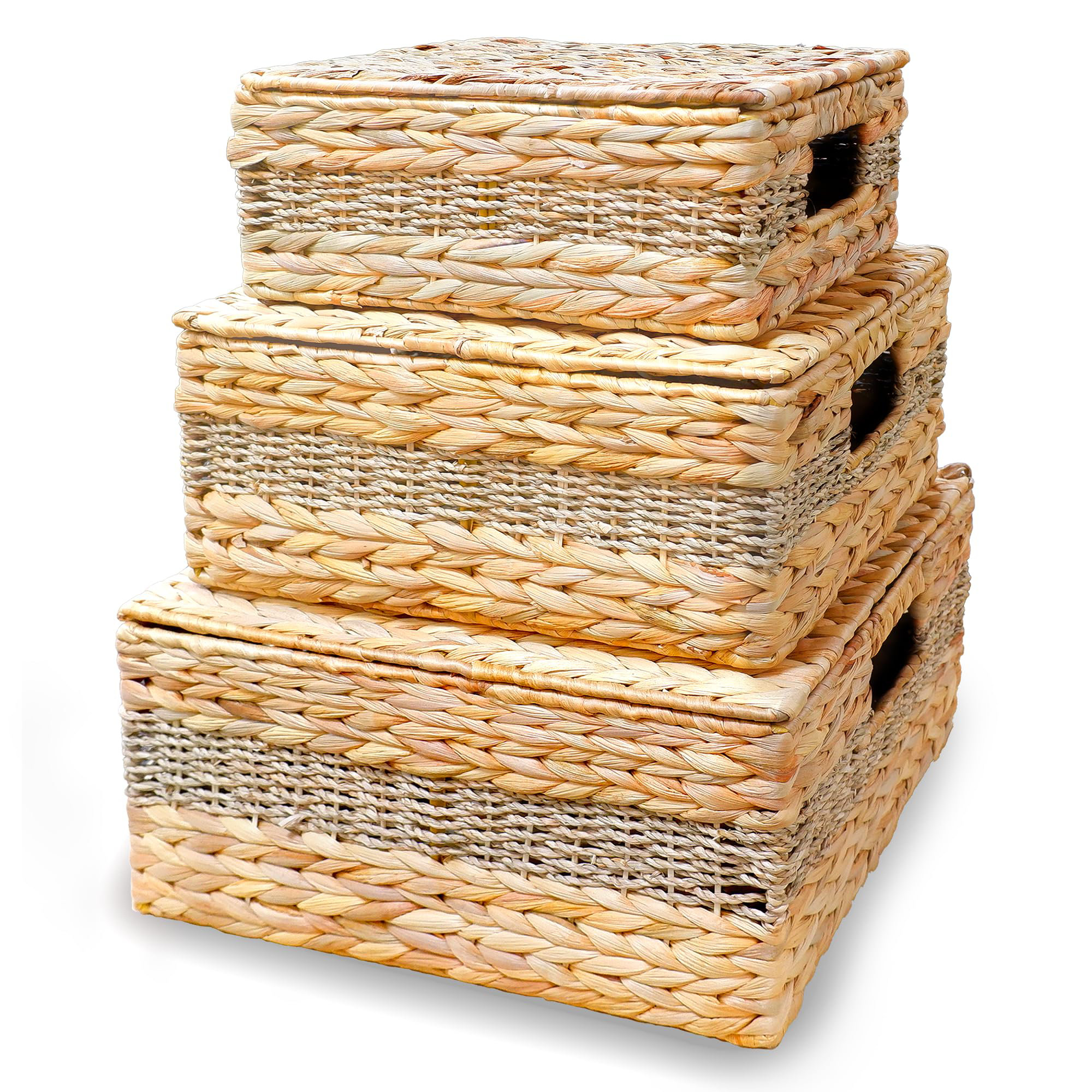 Gracie Oaks Wicker Storage Baskets With Lids - Set Of 3 Rectangular ...