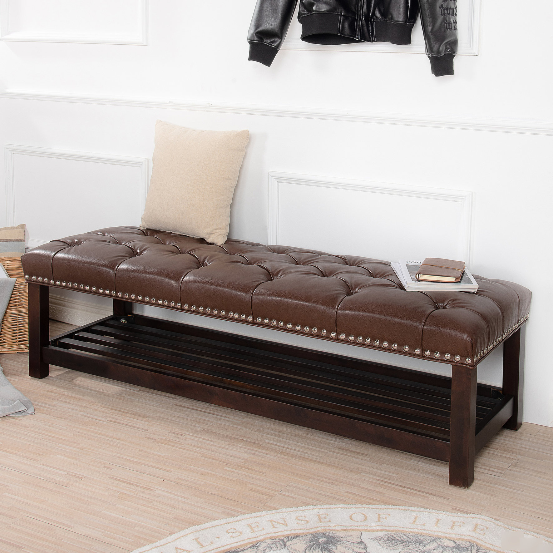 fengshu 60" Dark Brown Bedroom , Pu Leather, Solid Wood Frame ...