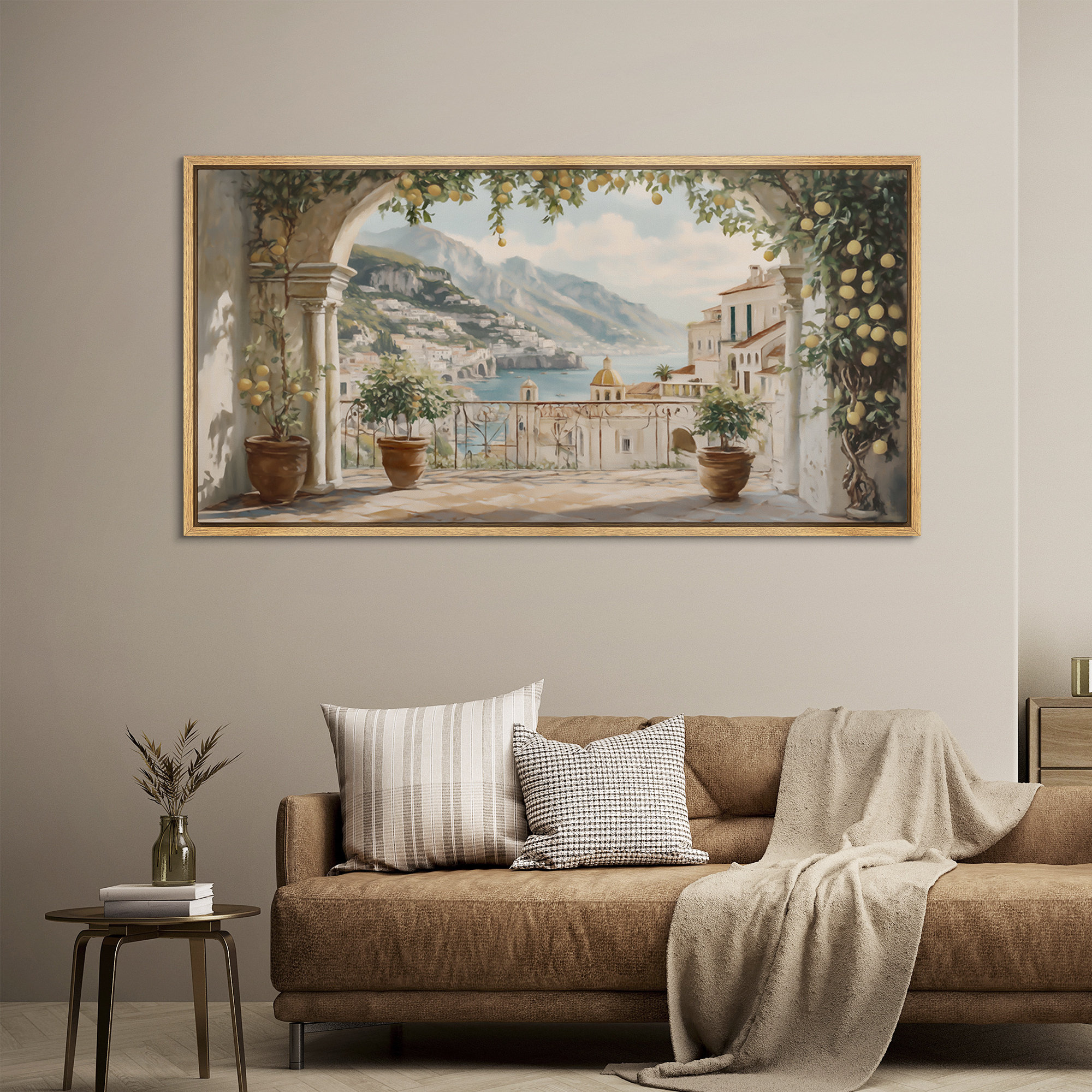 wall26 Mediterranean Balcony View Framed Canvas Scenic Coastal Village ...