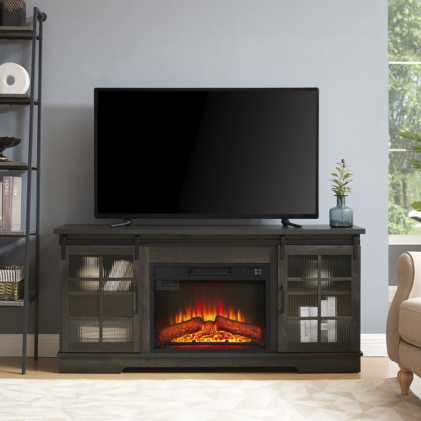 Gracie Oaks Saveena 59.13'' W Storage Credenza with Electric Fireplace ...