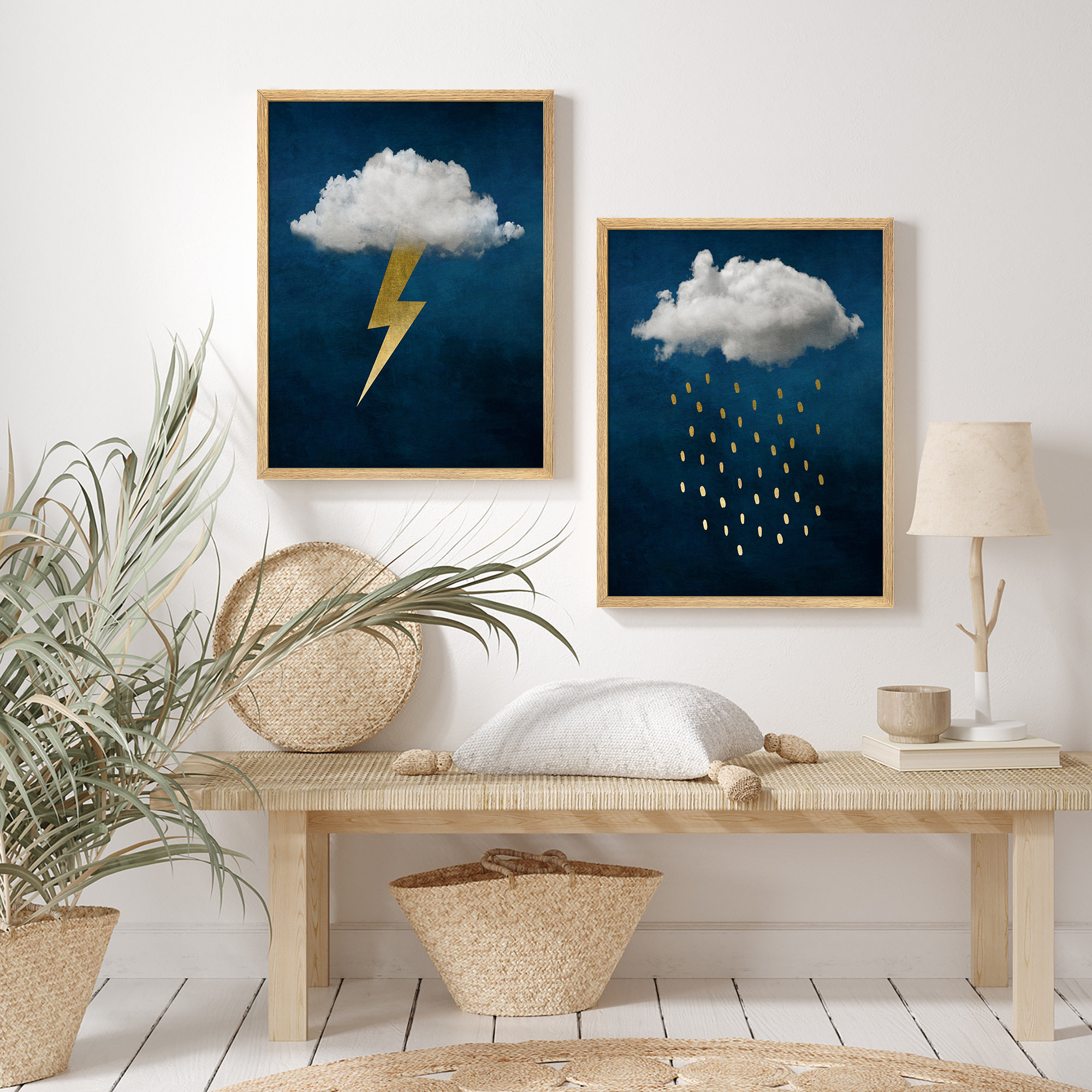 SIGNLEADER 2-Piece Storm Cloud Wall Art Set – Gold Foil Lightning and ...