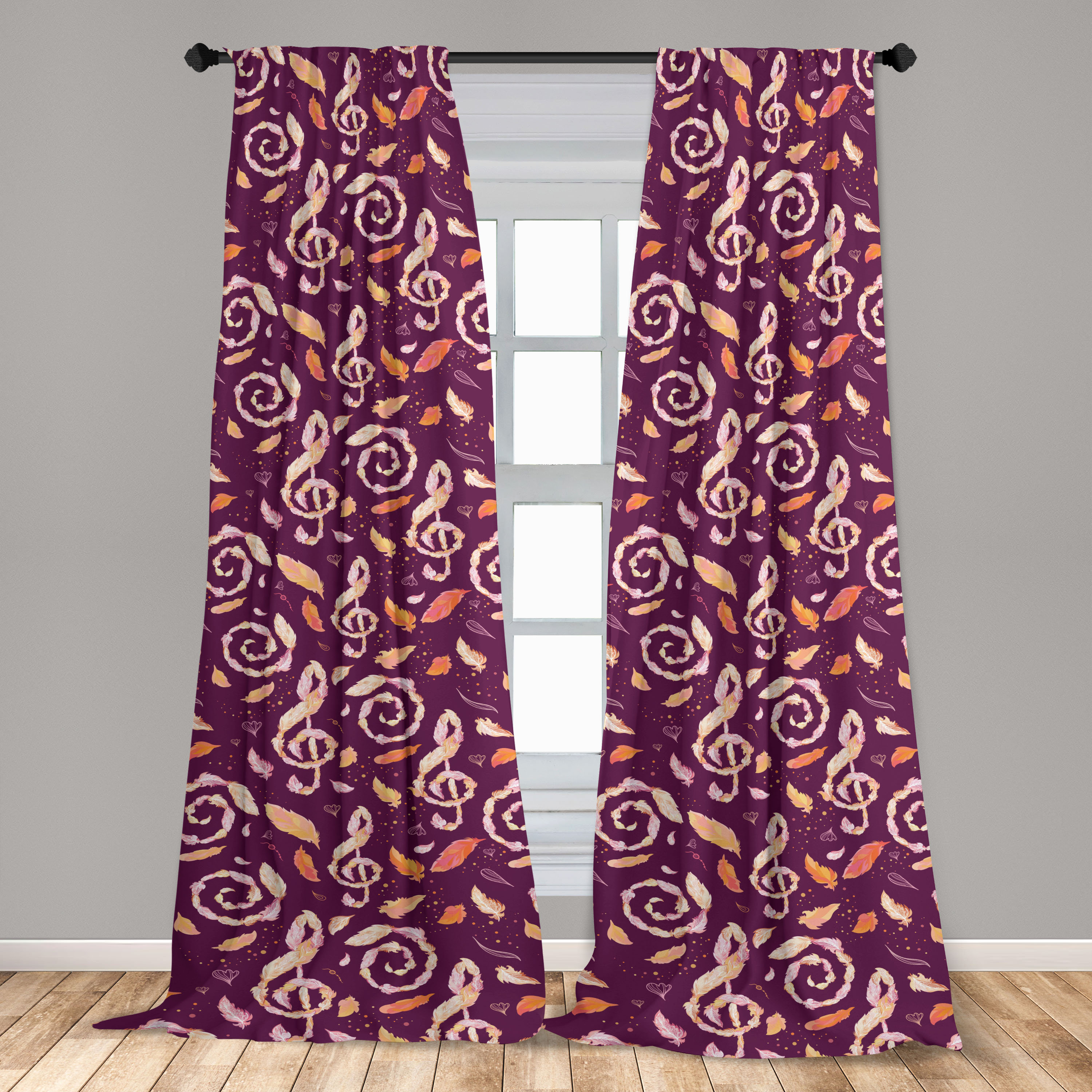Ambesonne Music Curtains Treble Clef Feathers Colorful Pair of Dark ...