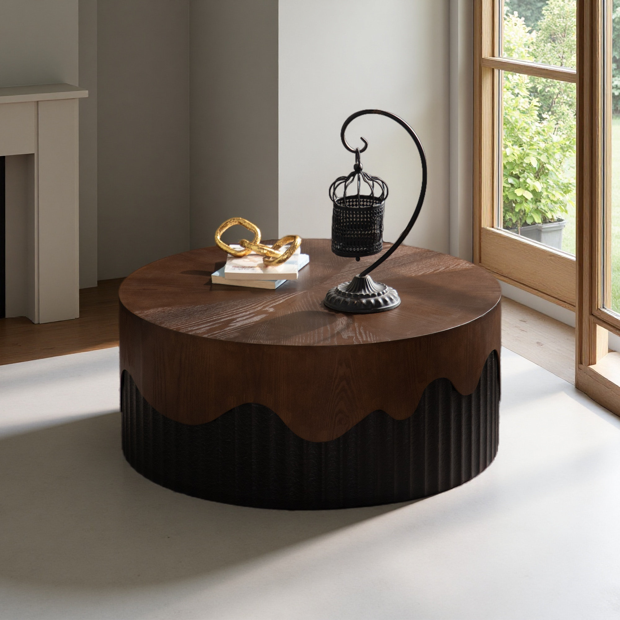 Latitude Run® Round Coffee Table Handcrafted Relief Sturdy Pedestal Wooden Tea Table For Living ...