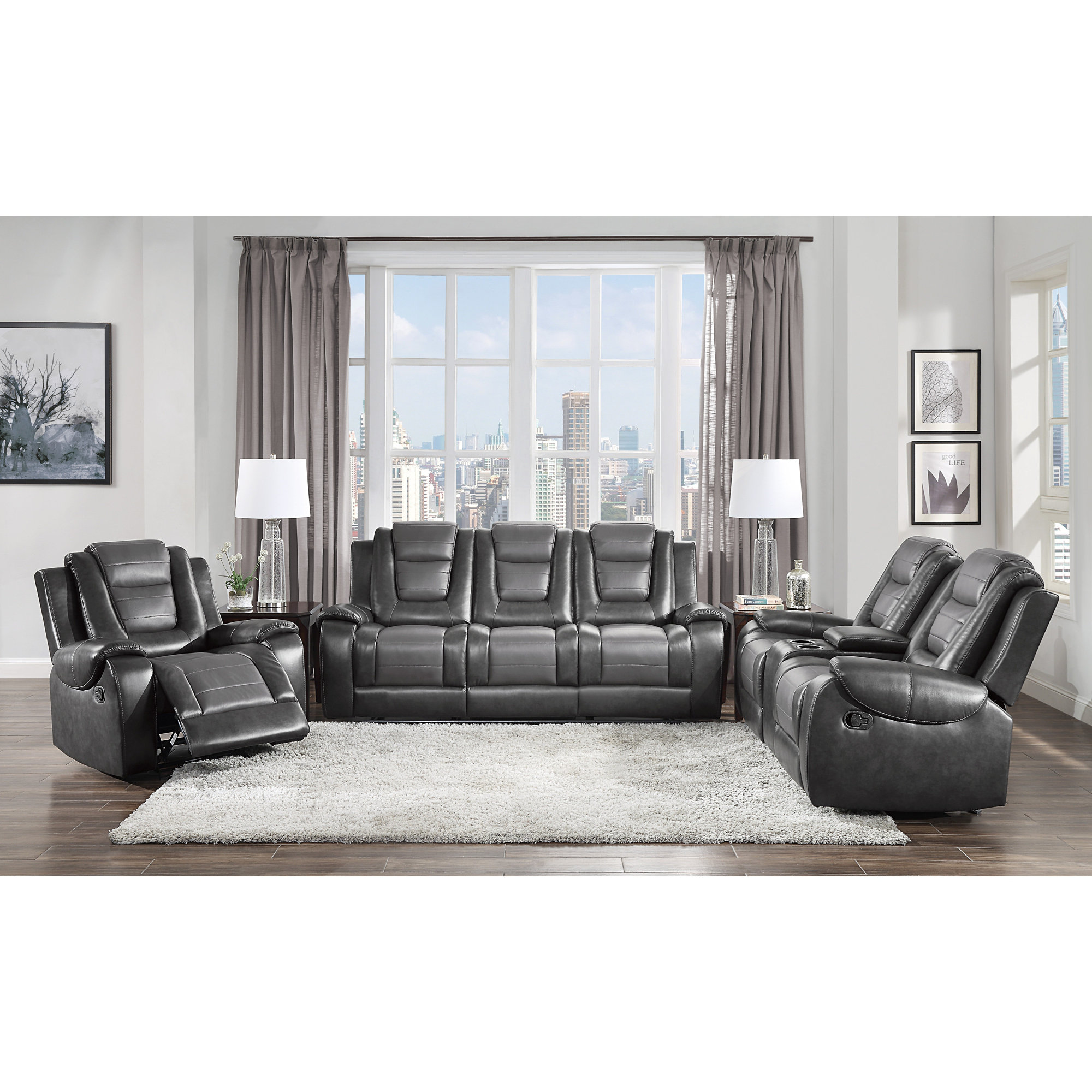 Ebern Designs Modern Luxury Living Room Sofa Set 3pc Reclining Sofa ...