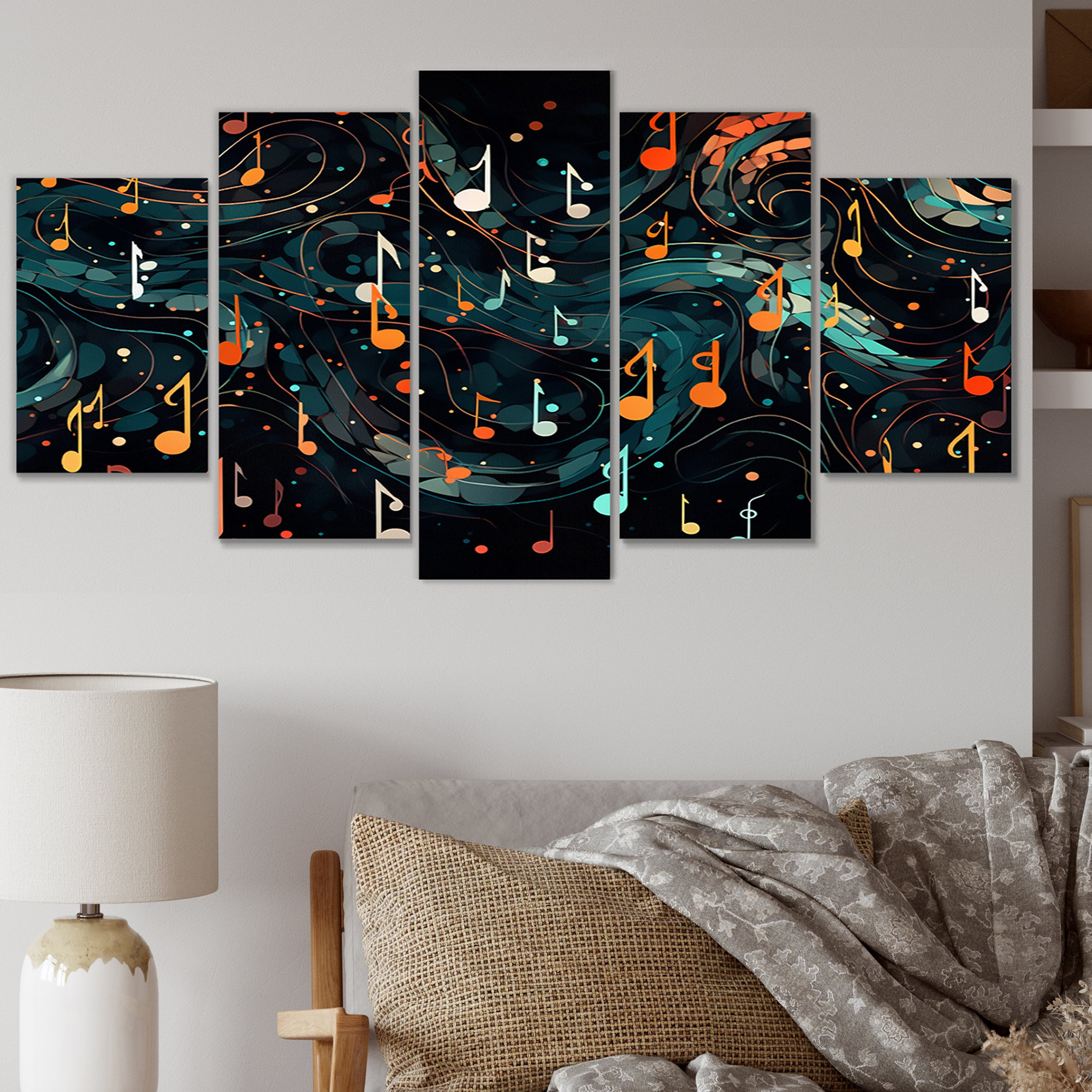 Design Art Waves Of Music Notes In Retro Orange And Blue III - Music ...