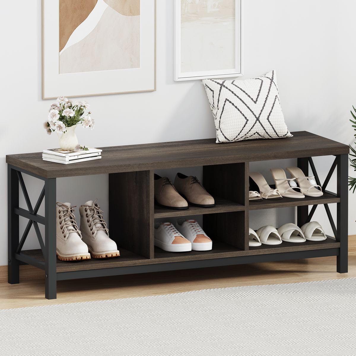 Gracie Oaks Shoe Bench Entryway With Storage, Industrial Wood And Metal ...