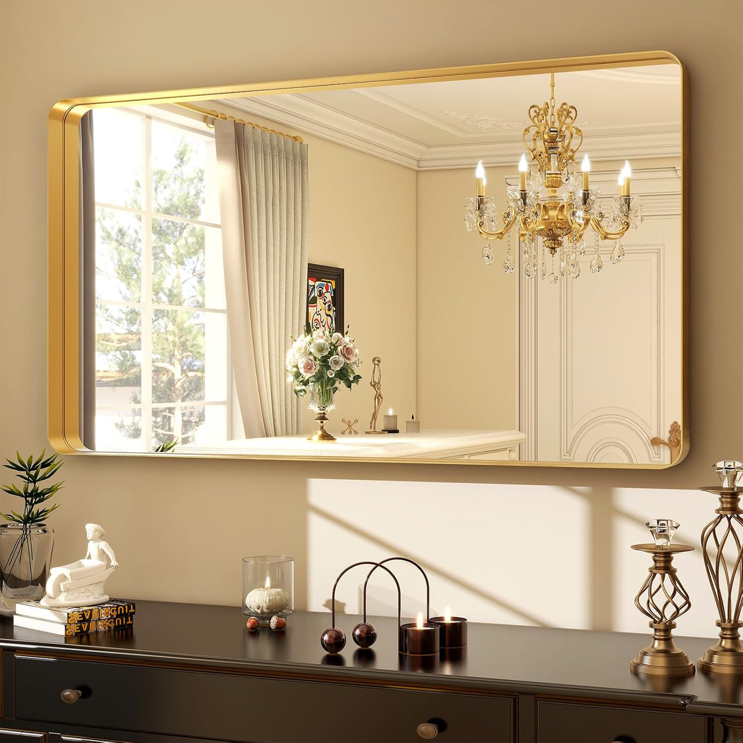 Mercer41 48 X 30 Inch Gold Bathroom Mirror, Rectangular Wall Mounted ...