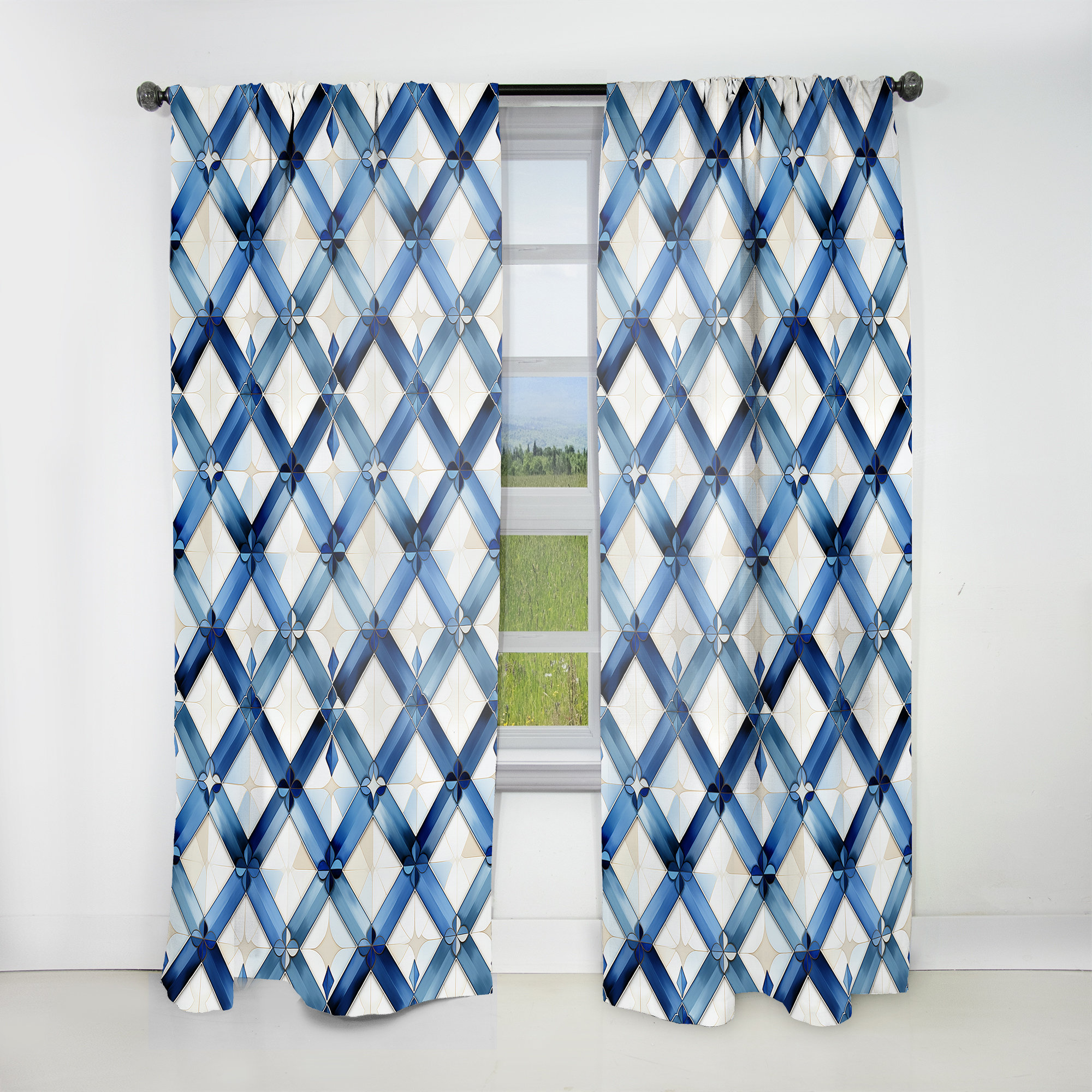 Design Art Blue And White Tiles Diamonds - Abstract Curtain - Velvet ...