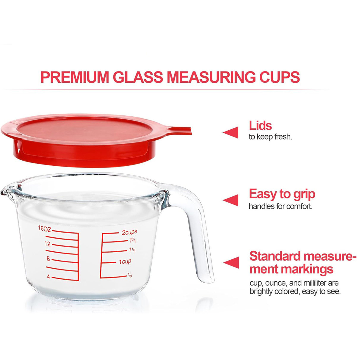 Toledo Bath & Kitchen 6 Pcs Glass Measuring Cups With Lids Set, 1-Cup ...