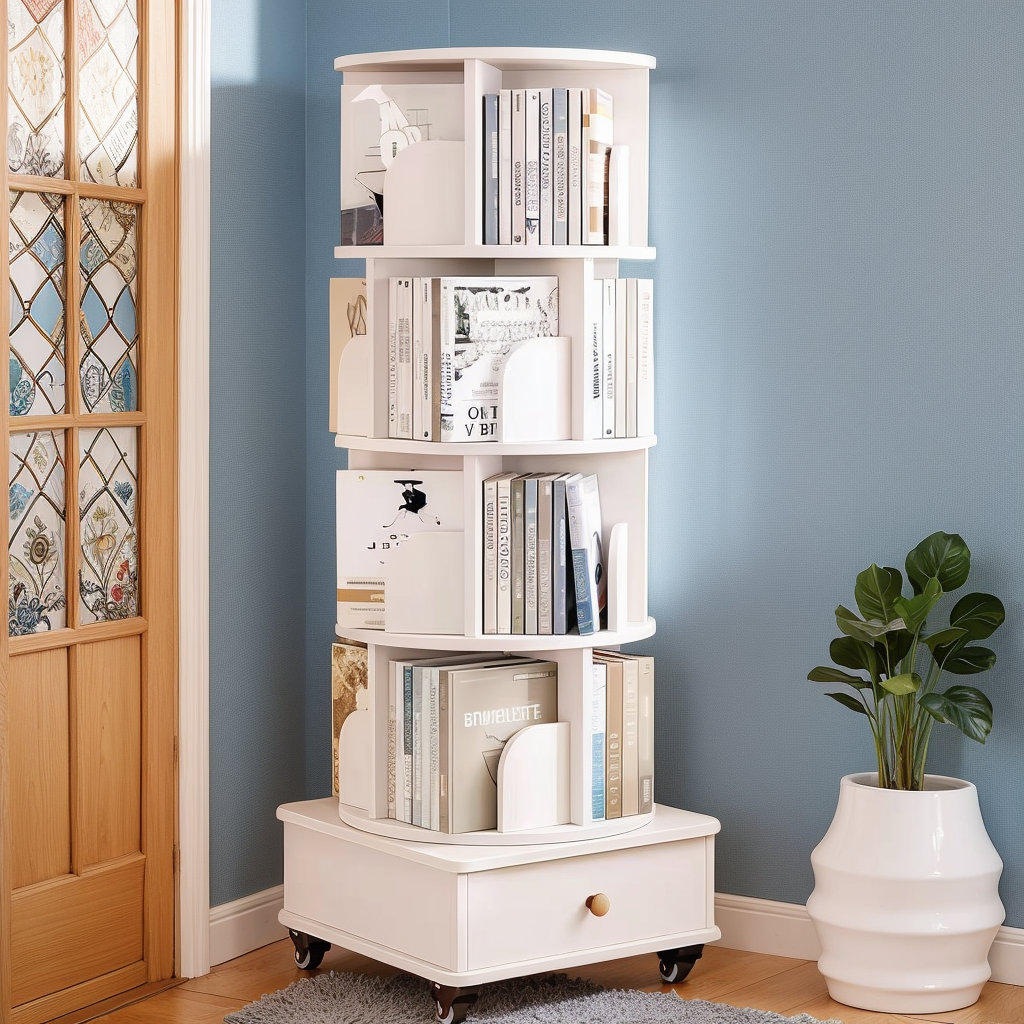 Hokku Designs Rotating Bookshelf with Drawer, 360 Display 5 Tier Corner ...