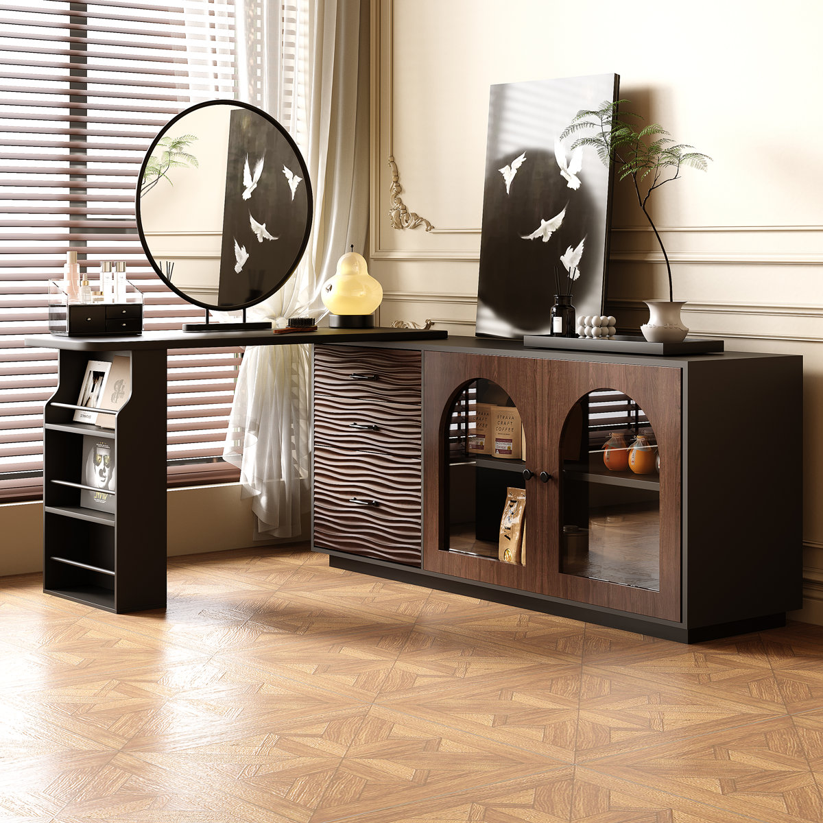 Latitude Run® 94.5'' Expandable Desk Dresser Desk Combo With 2 Cabinets ...