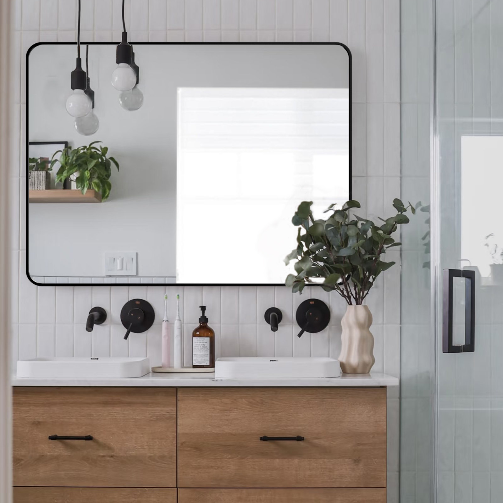 Mercer41 Bathroom Mirror, Brushed Aluminum Alloy Frame Vanity Rounded ...
