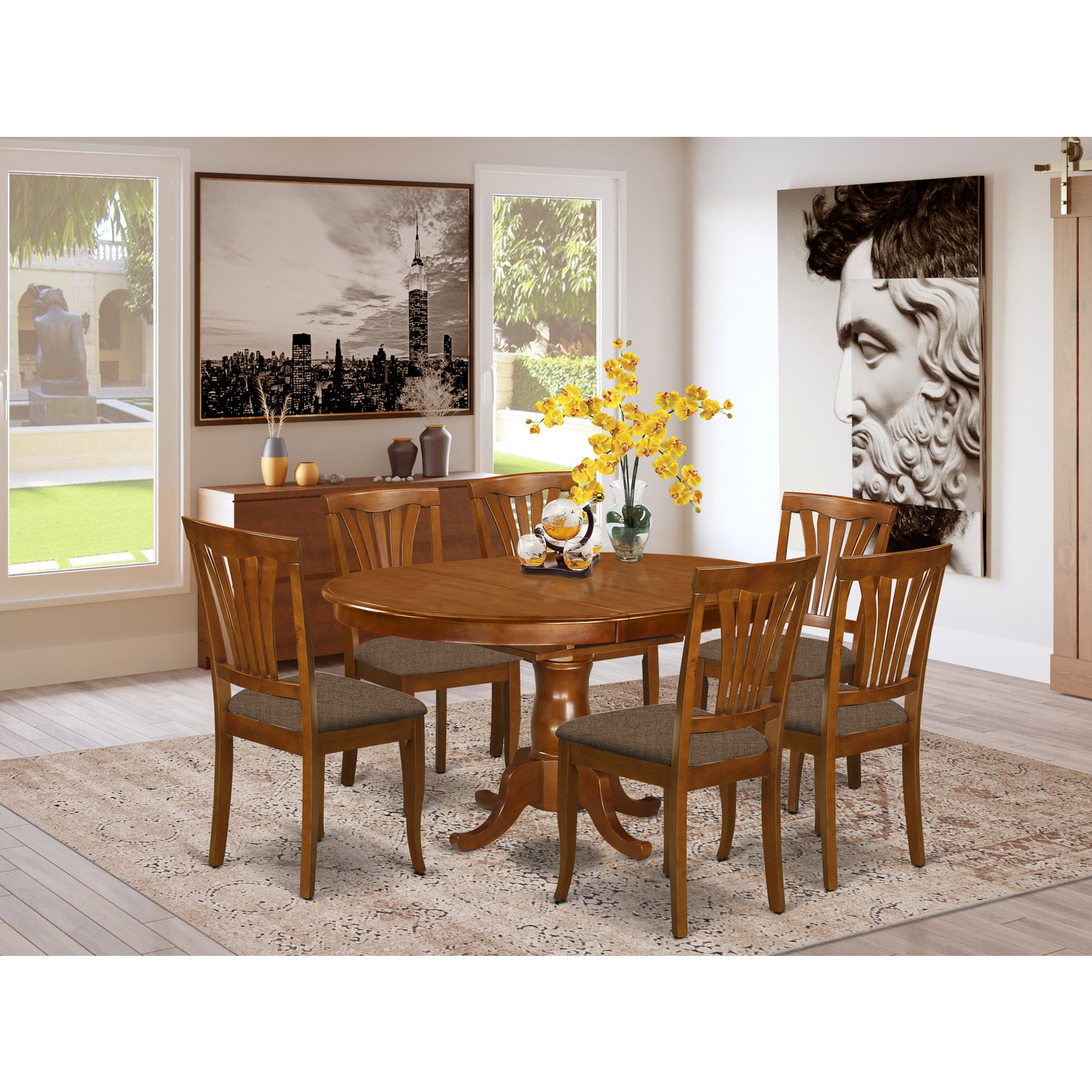 Canora Grey 7-Piece Oval Saddle Brown Finish Solid Wood Top Dining ...