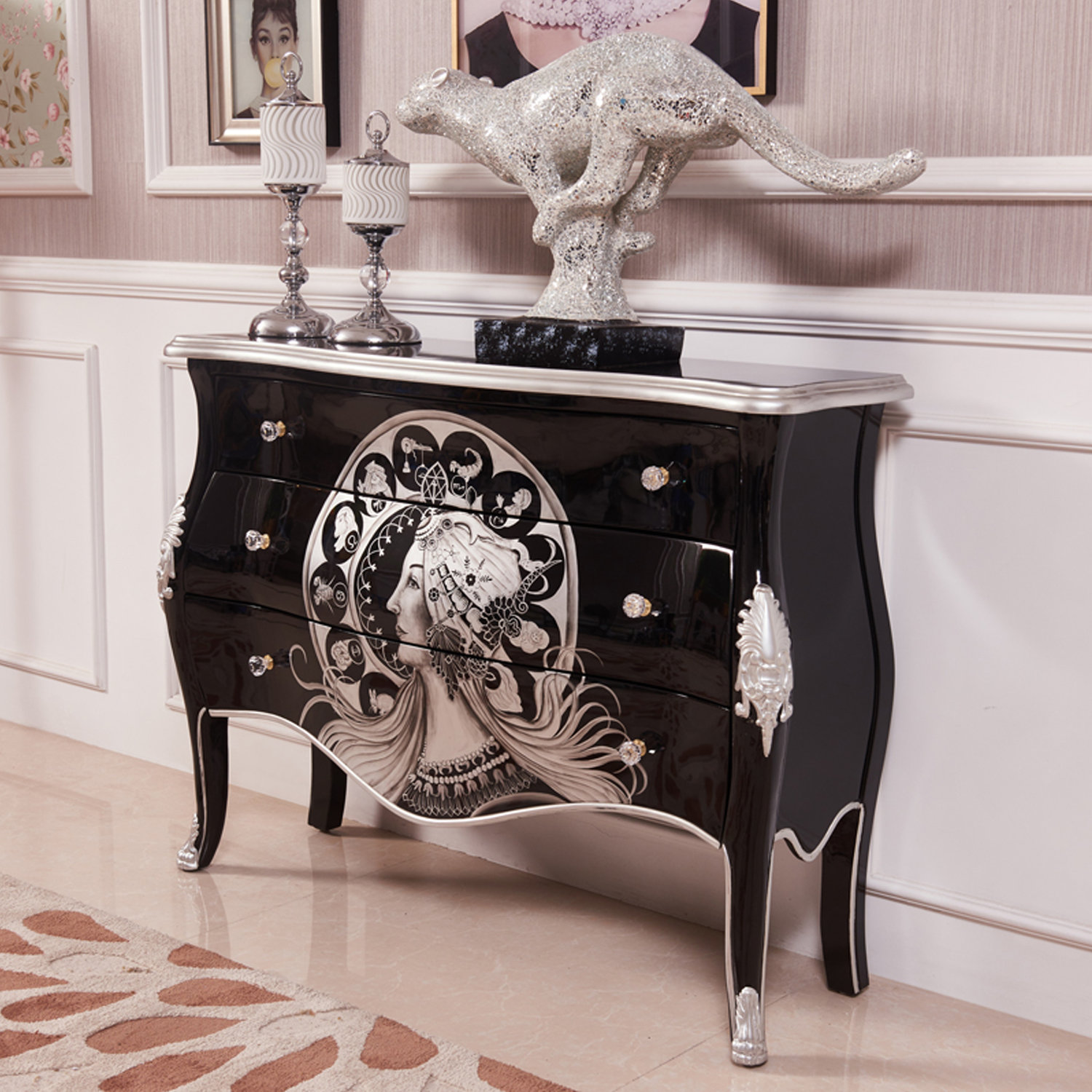 Morpho Nest Creations Commode décorative de luxe à 3 tiroirs noire ...