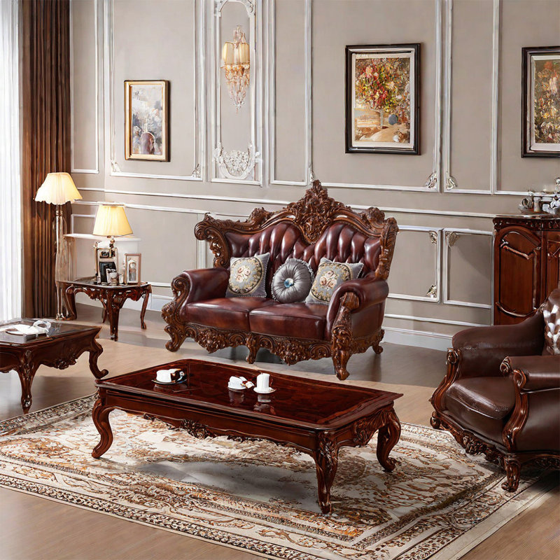 Romero European Vintage Carved Leather Sofa 80.7'' Genuine Leather ...