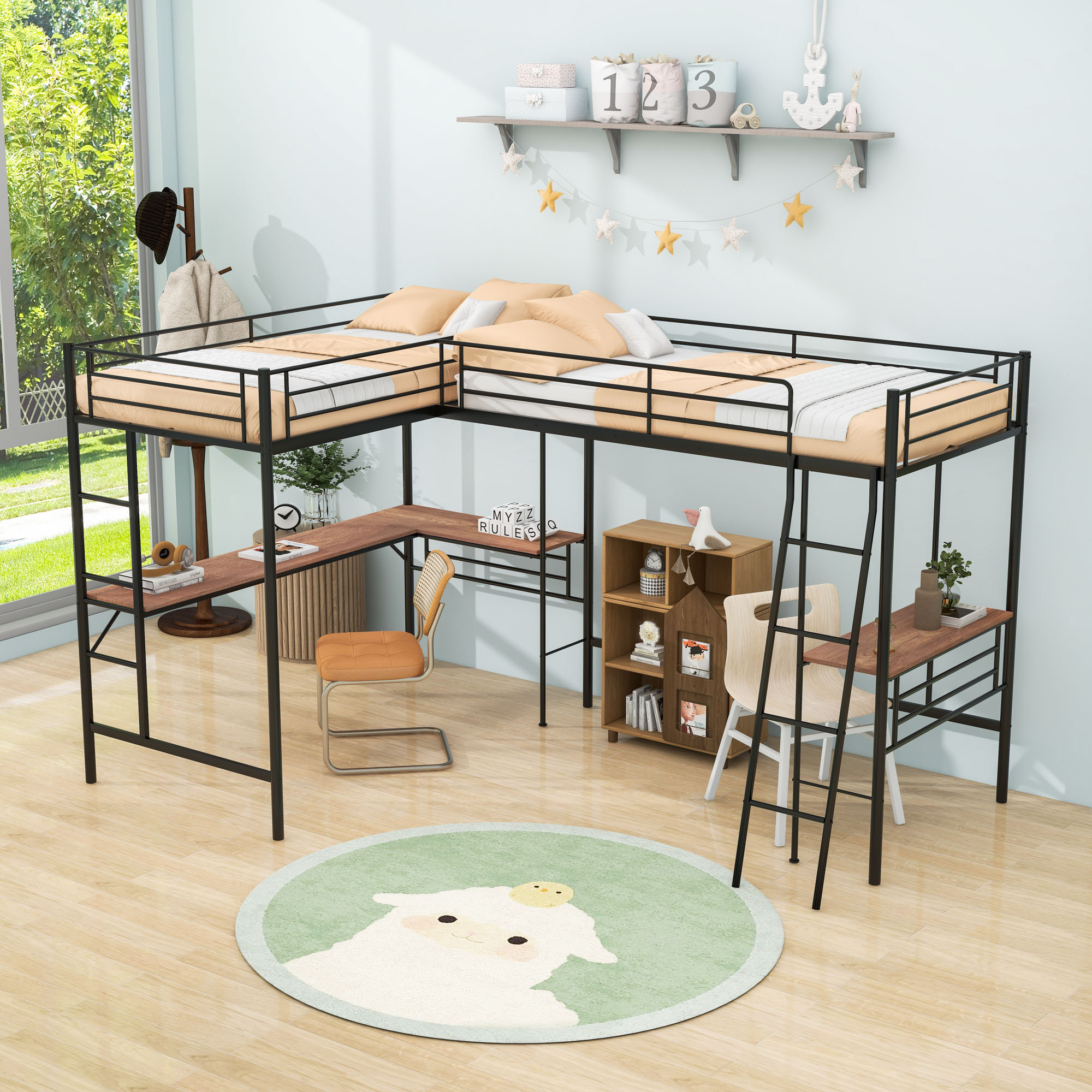 Mason & Marbles Twin Size Metal L-Shaped Loft Bed With Dual Built-In ...