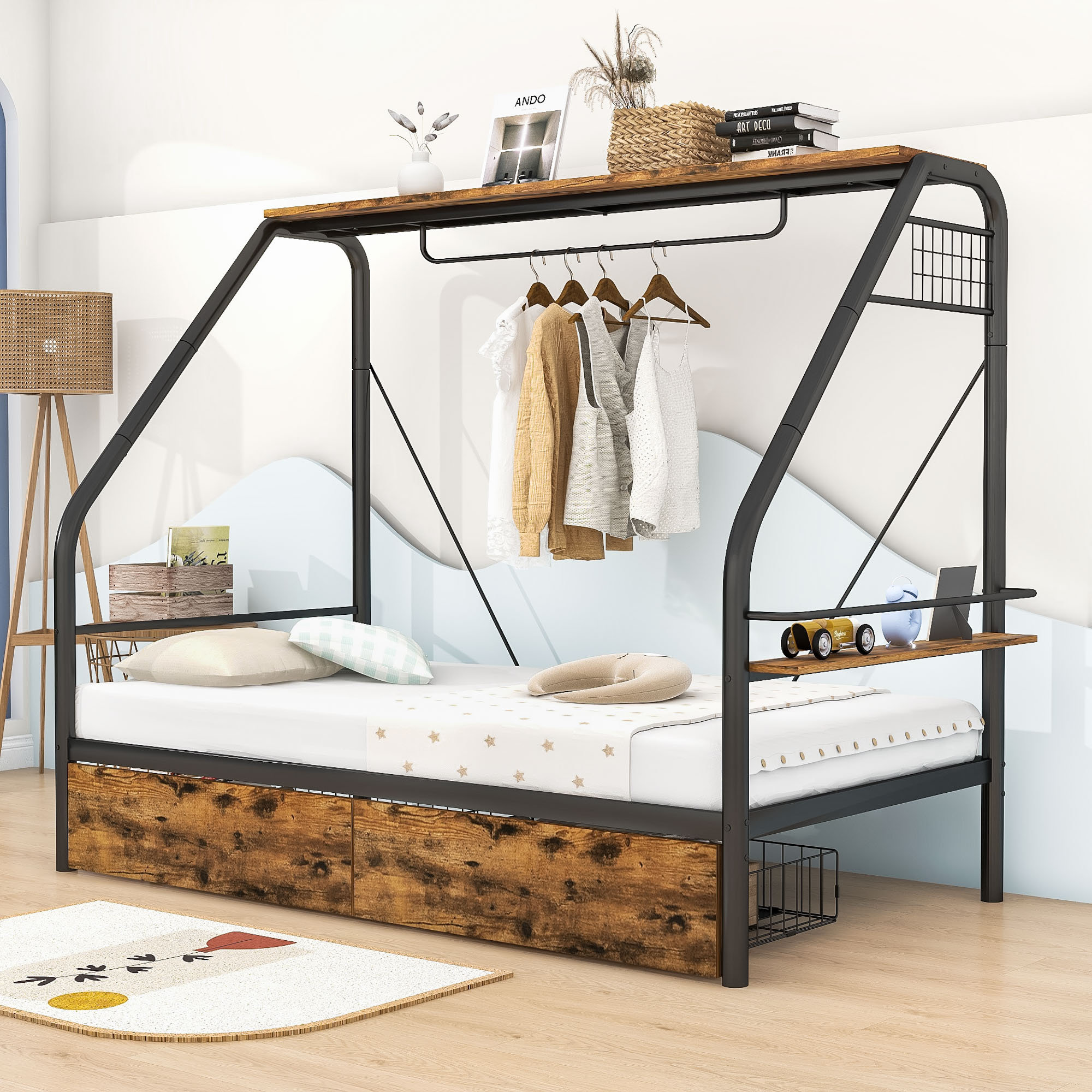 Mason & Marbles Metal Platform Bed with Rack,Drawers and Shelves ...