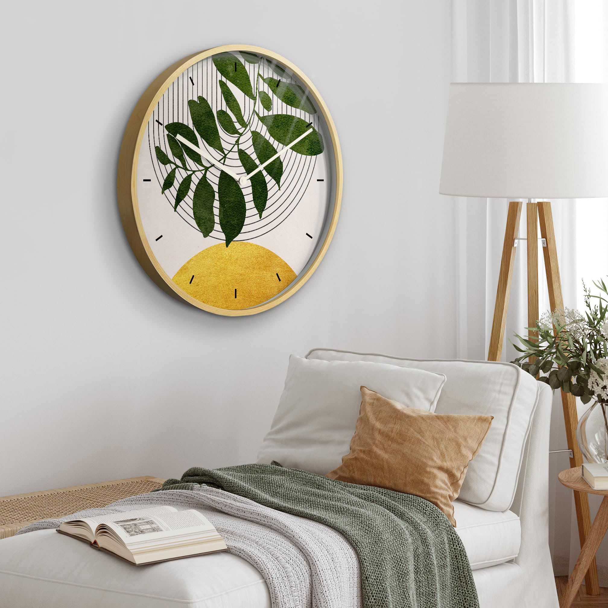 SIGNLEADER Mid-Century Plant Leaf Clock Decor Wooden Large Wall Clock ...
