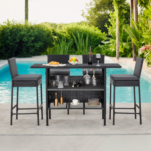 Arlmont & Co. Wicker Bar Set with 4 Stools & Outdoor Bar Table ...