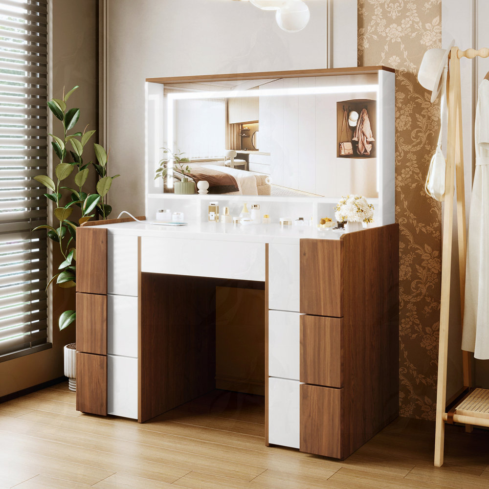 Latitude Run® Makeup Vanity with Brown Solid Wood-style Stickers | Wayfair