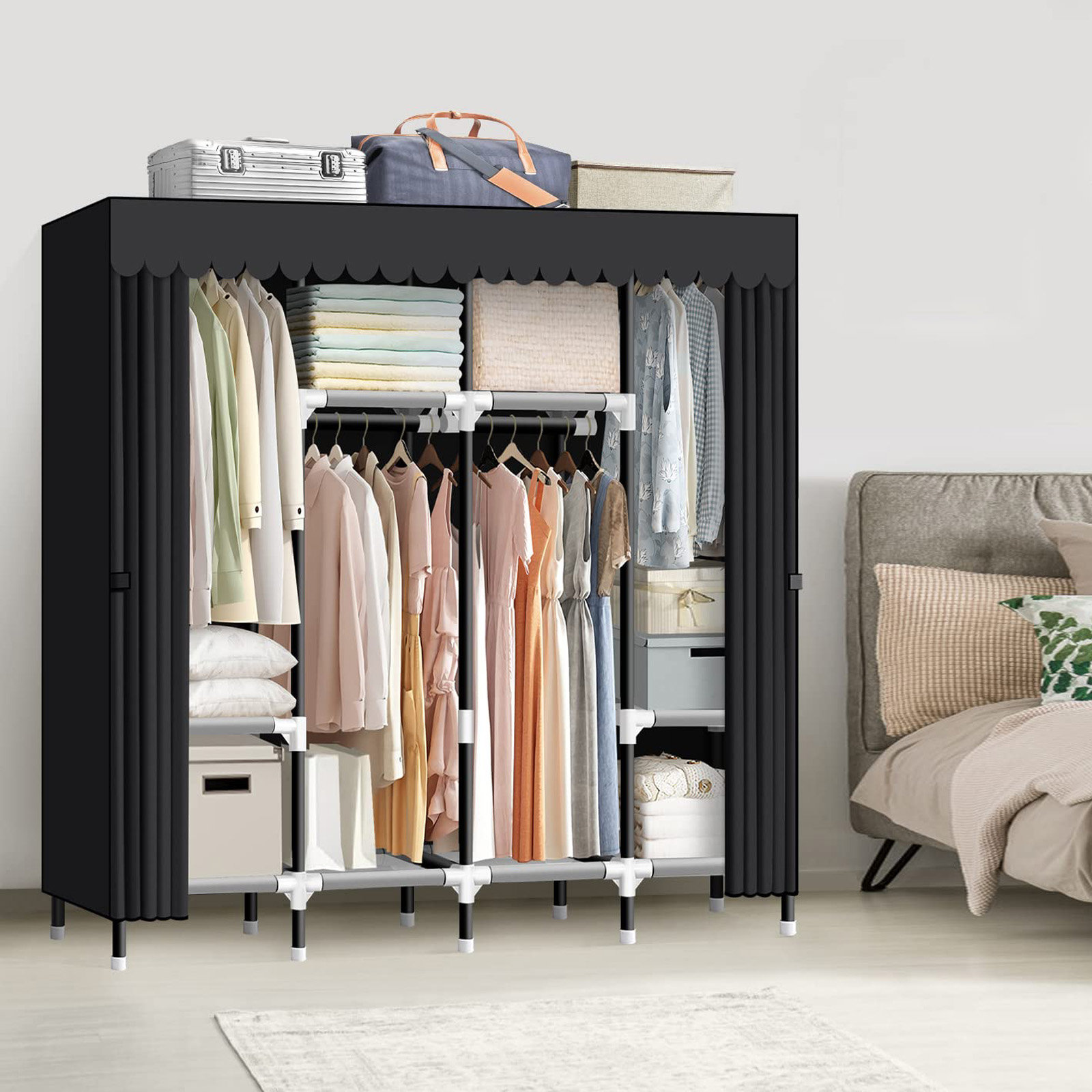 Rebrilliant 67 Inch Wardrobe Closet for Hanging Clothes with 4 Hanging ...