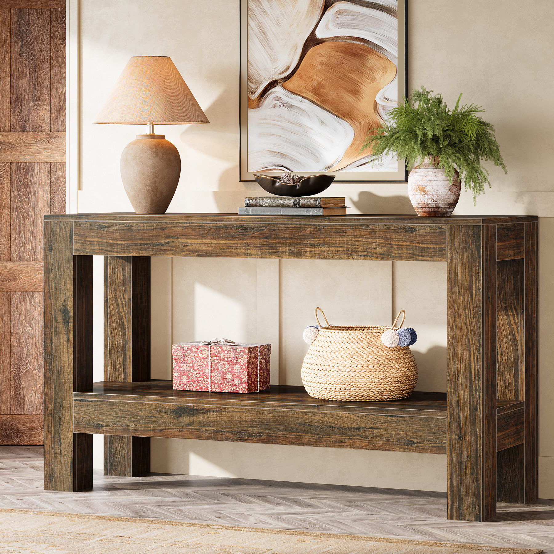 Millwood Pines 62.99" Long Wood Console Table, Farmhouse 2-Tier ...