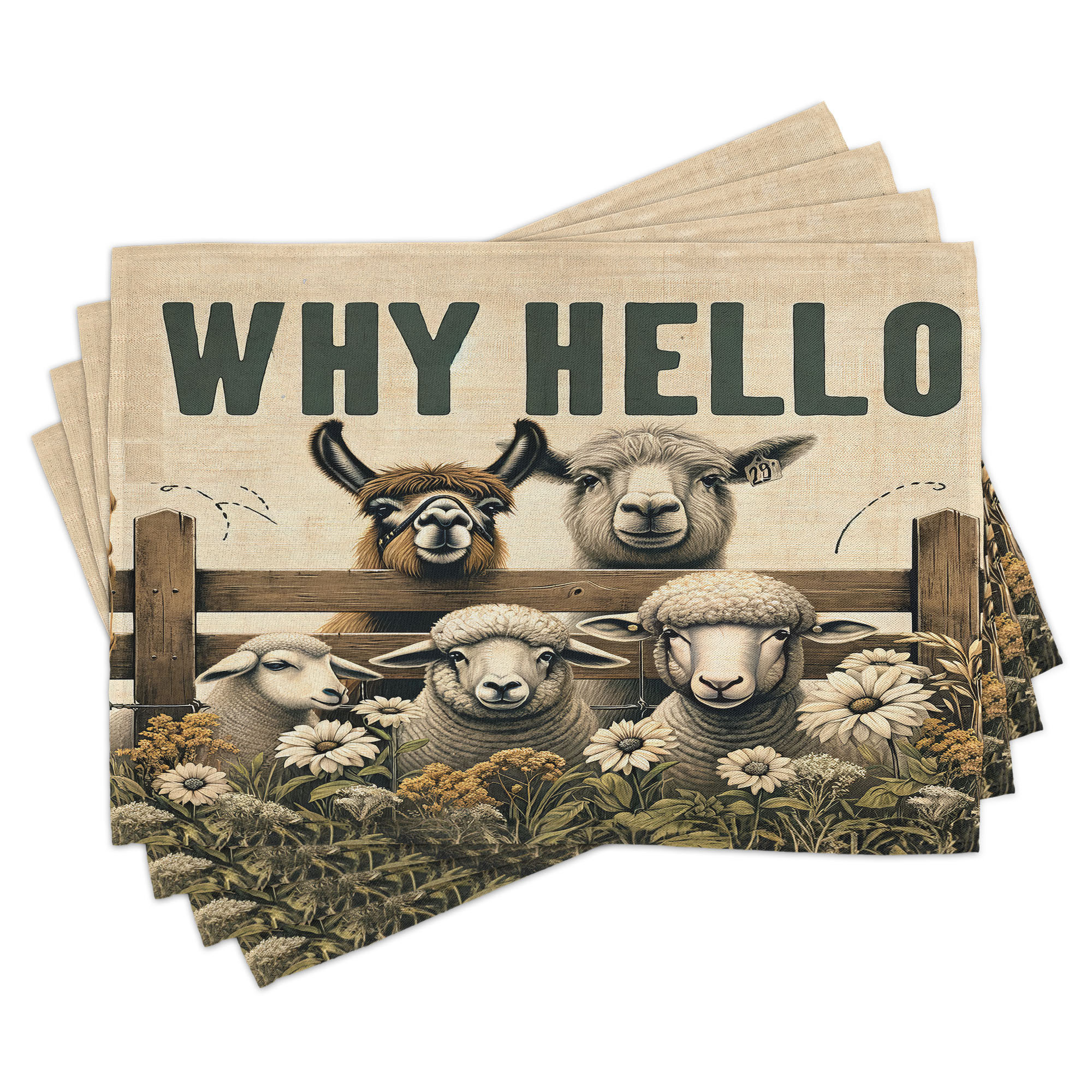 Ambesonne Farmhouse Place Mats Set of 4 Why Hello Sheep Alpaca Standard ...