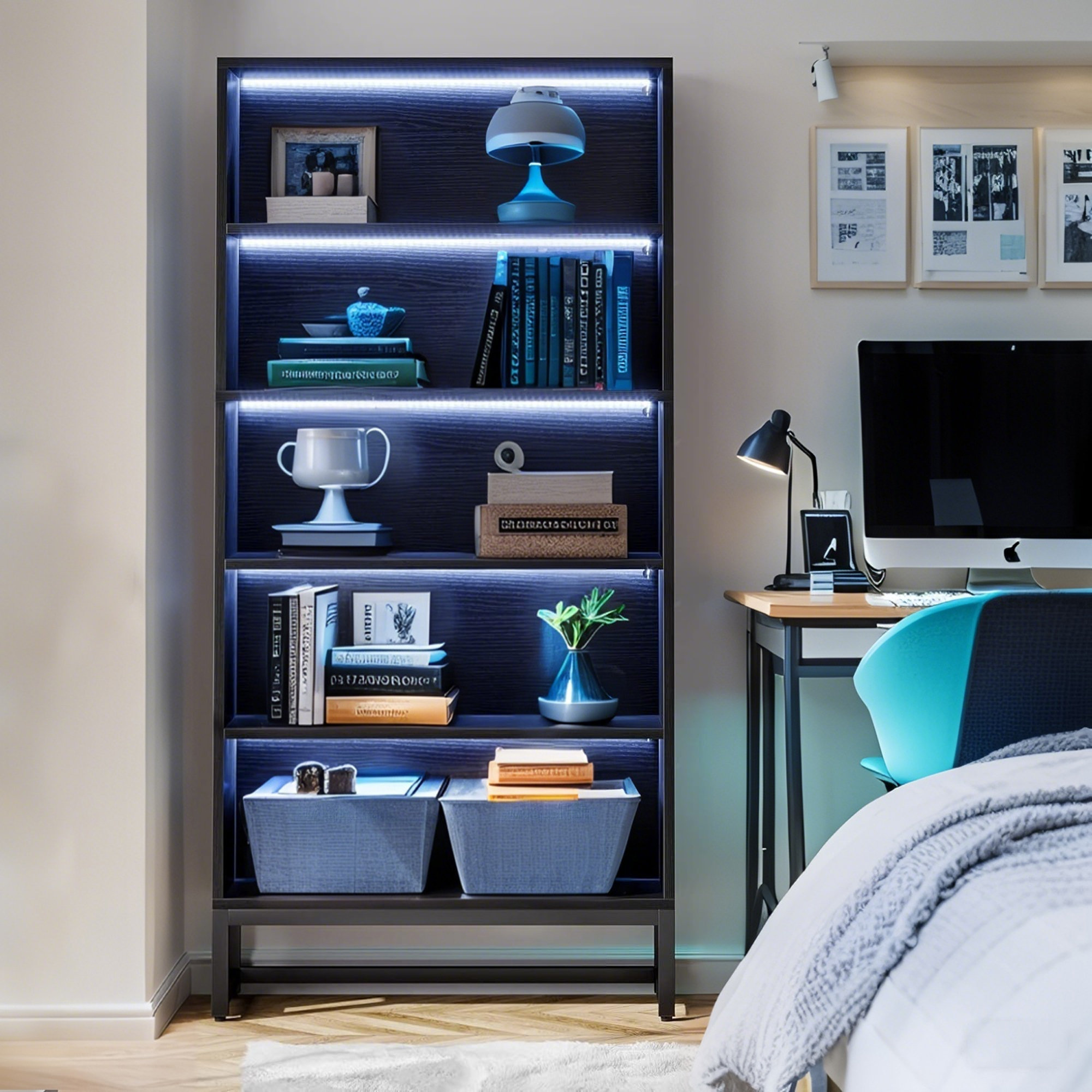 George Oliver 70.9" Bookcase with LED Light Strip, Large Bookshelf ...