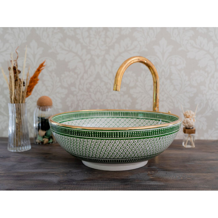 CUSTOmosaic Round Ceramic Bathroom Vessel Sink with Brass Rim Handmade ...