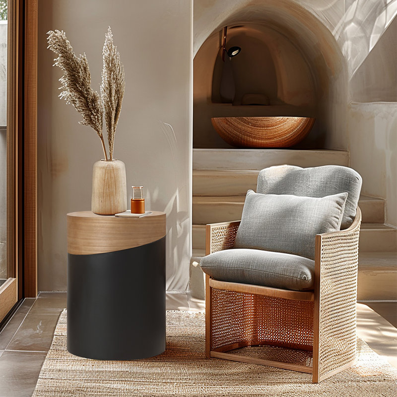 Ivy Bronx Lameen Natural Wood and Metal Round Drum End Table & Reviews ...