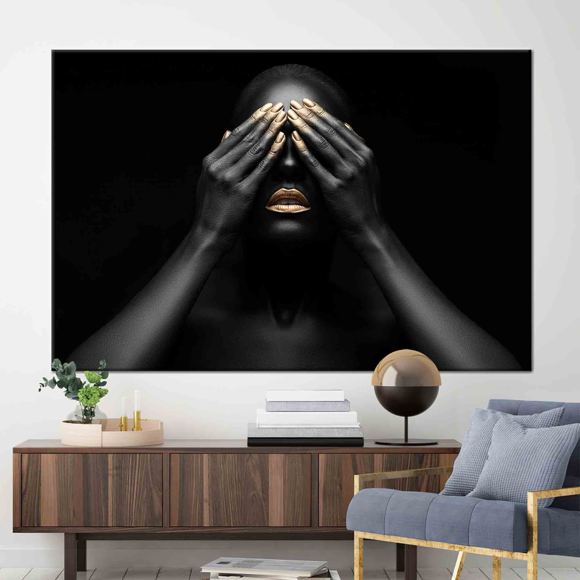 Dakota Fields Gold-Infused African Woman with Bold Makeup Printed on ...