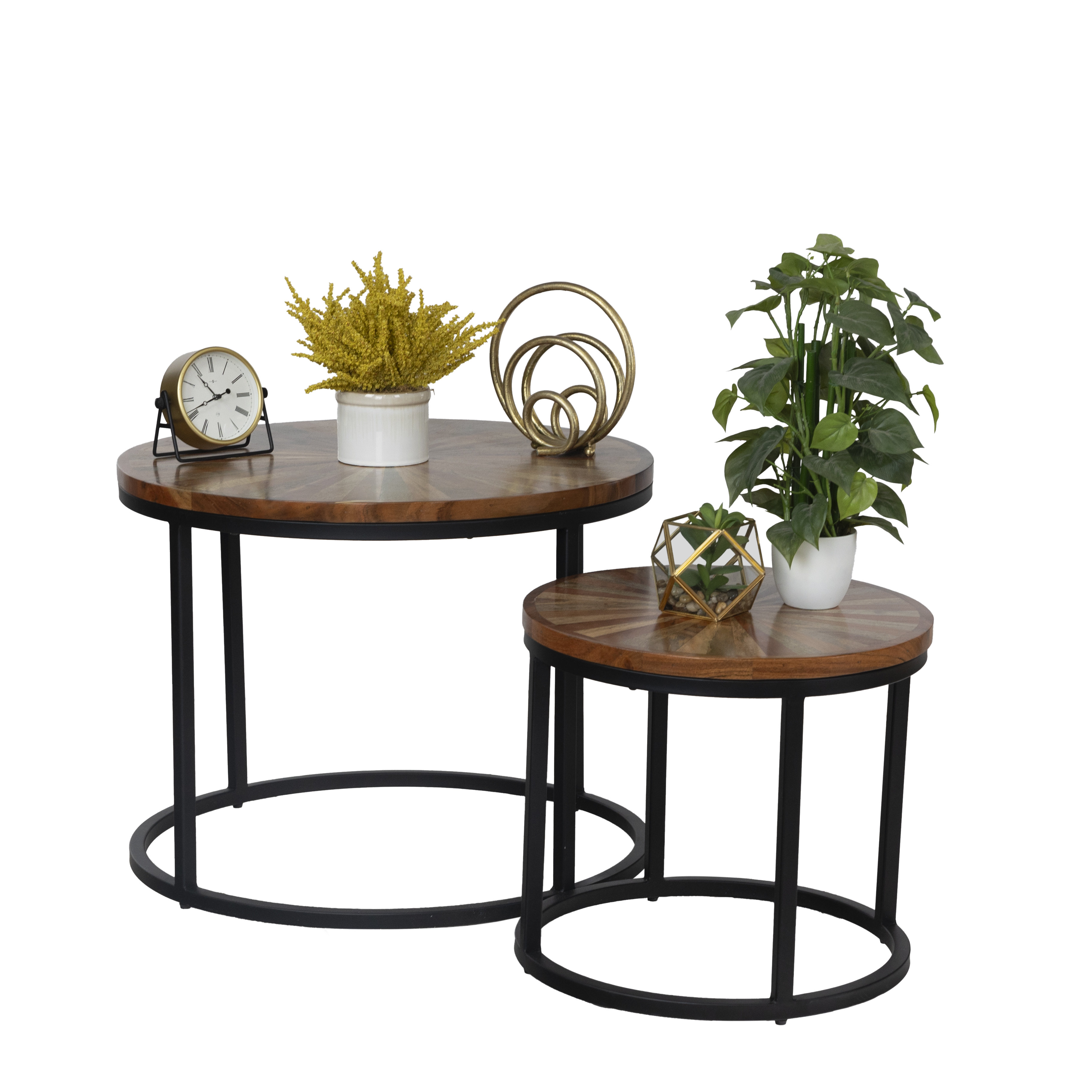17 Stories Set of 2 Round Nesting Side Tables – Solid Mango Wood Top & Black Iron Base – Natural ...