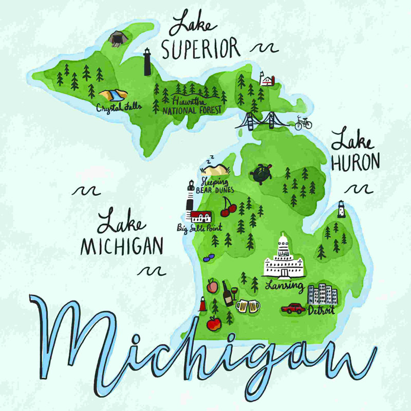 Zoomie Kids Michigan Map Illustration Wrapped Canvas Photograph | Wayfair