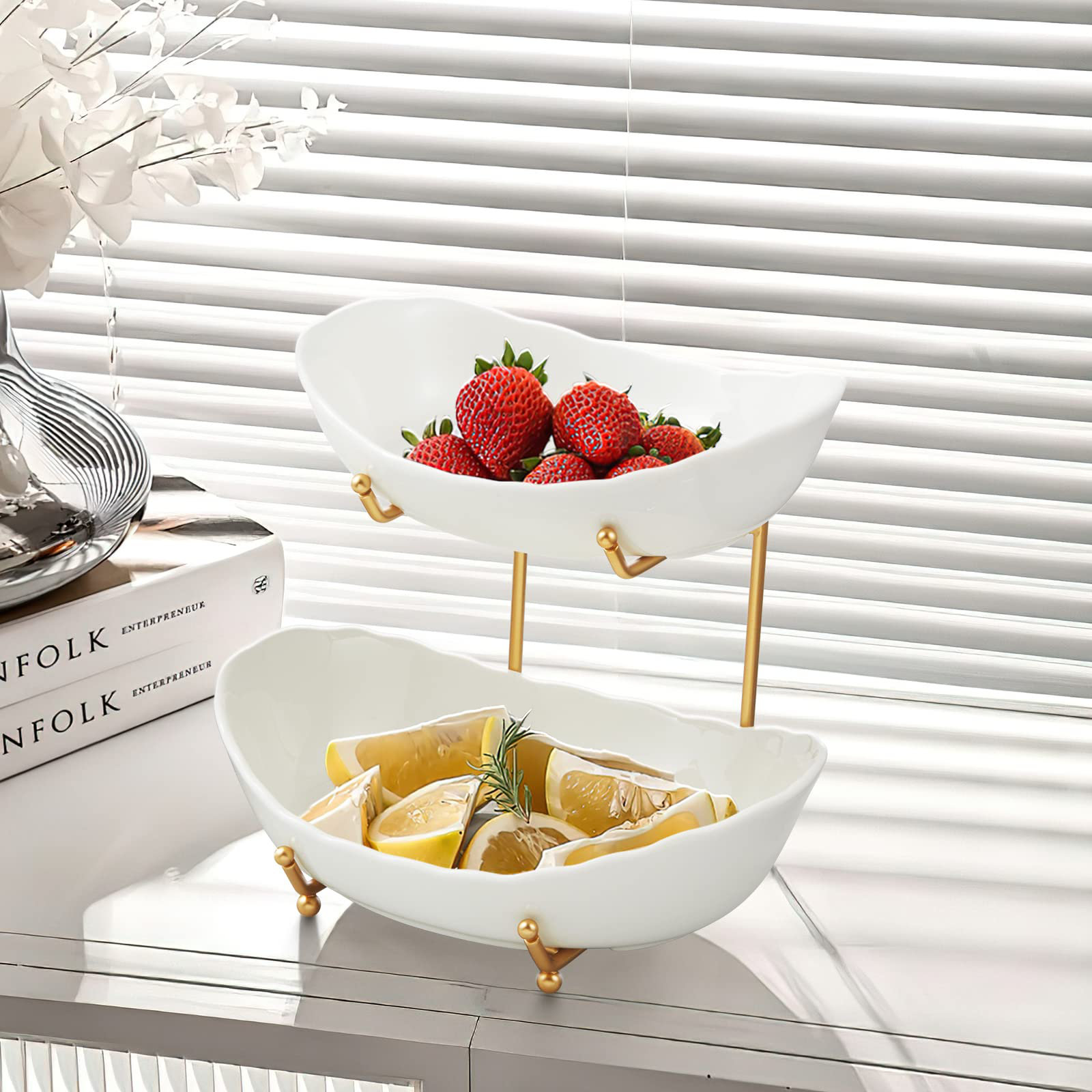 Mercer41 2 Tier Ceramic Fruit Bowl For Kitchen Counter, Tiered Fruit ...