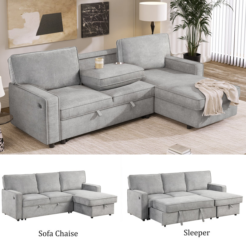 Ebern Designs Finkle 89 Inch Upholstery Sleeper Sectional Sofa with ...