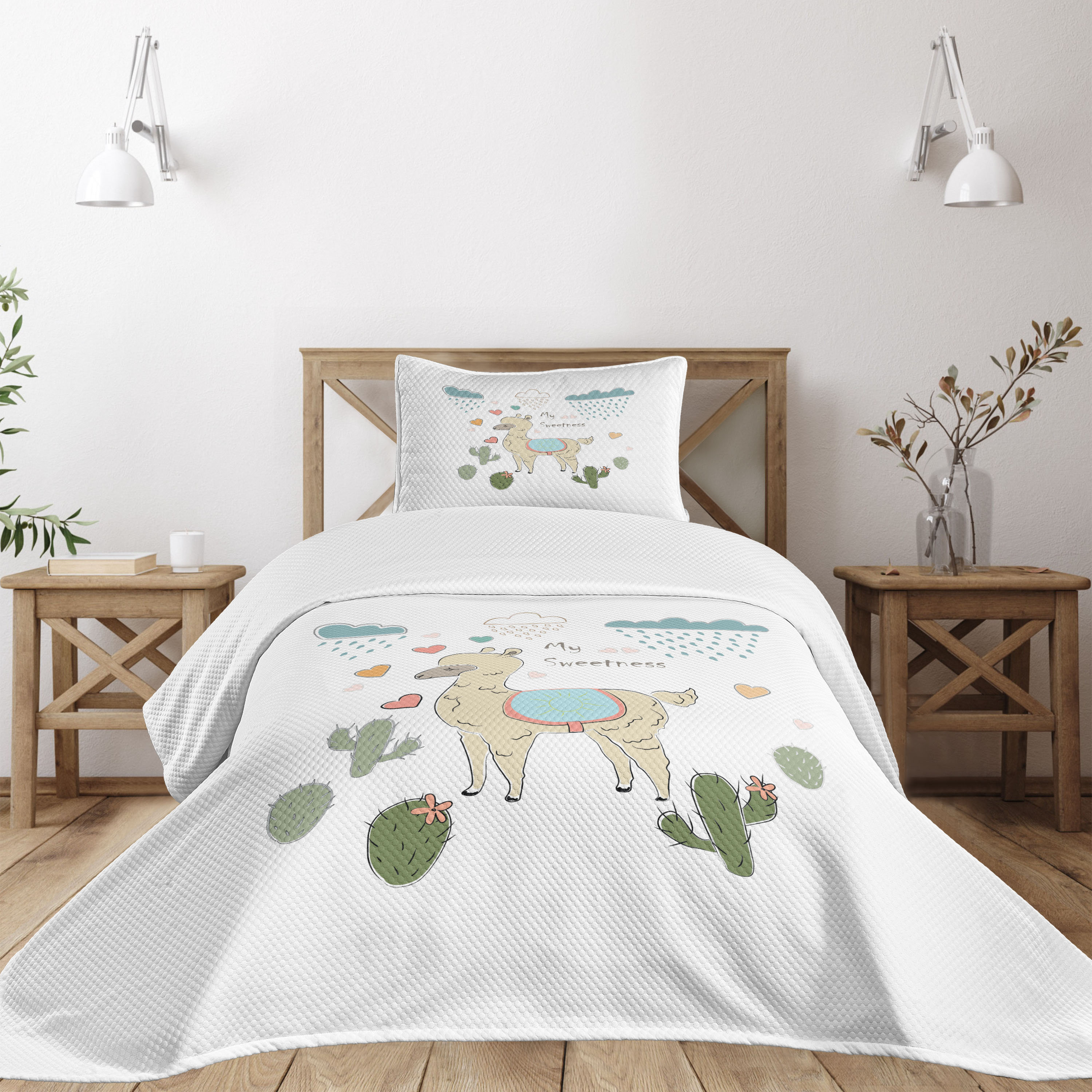 Ambesonne Llama Bedspread Set Cartoon Alpaca Animal Cactus Multicolor ...