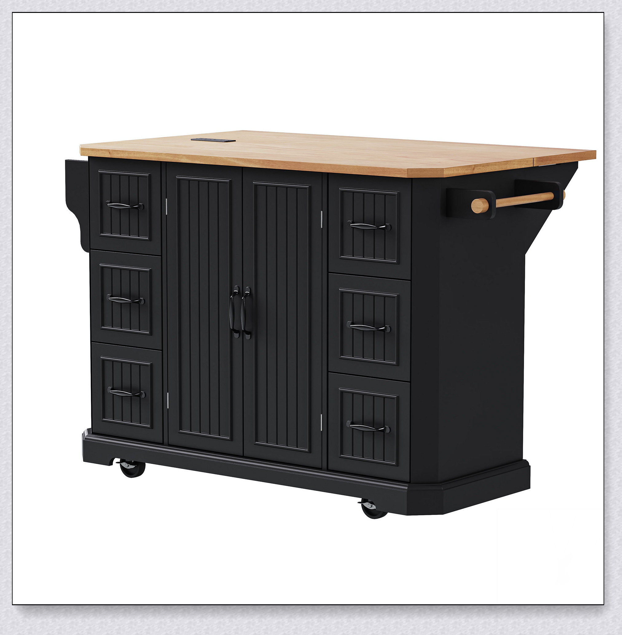 Think Urban 56 Inch Rustic Rolling Kitchen Island with Drop Leaf, Power Outlet, and Ample ...