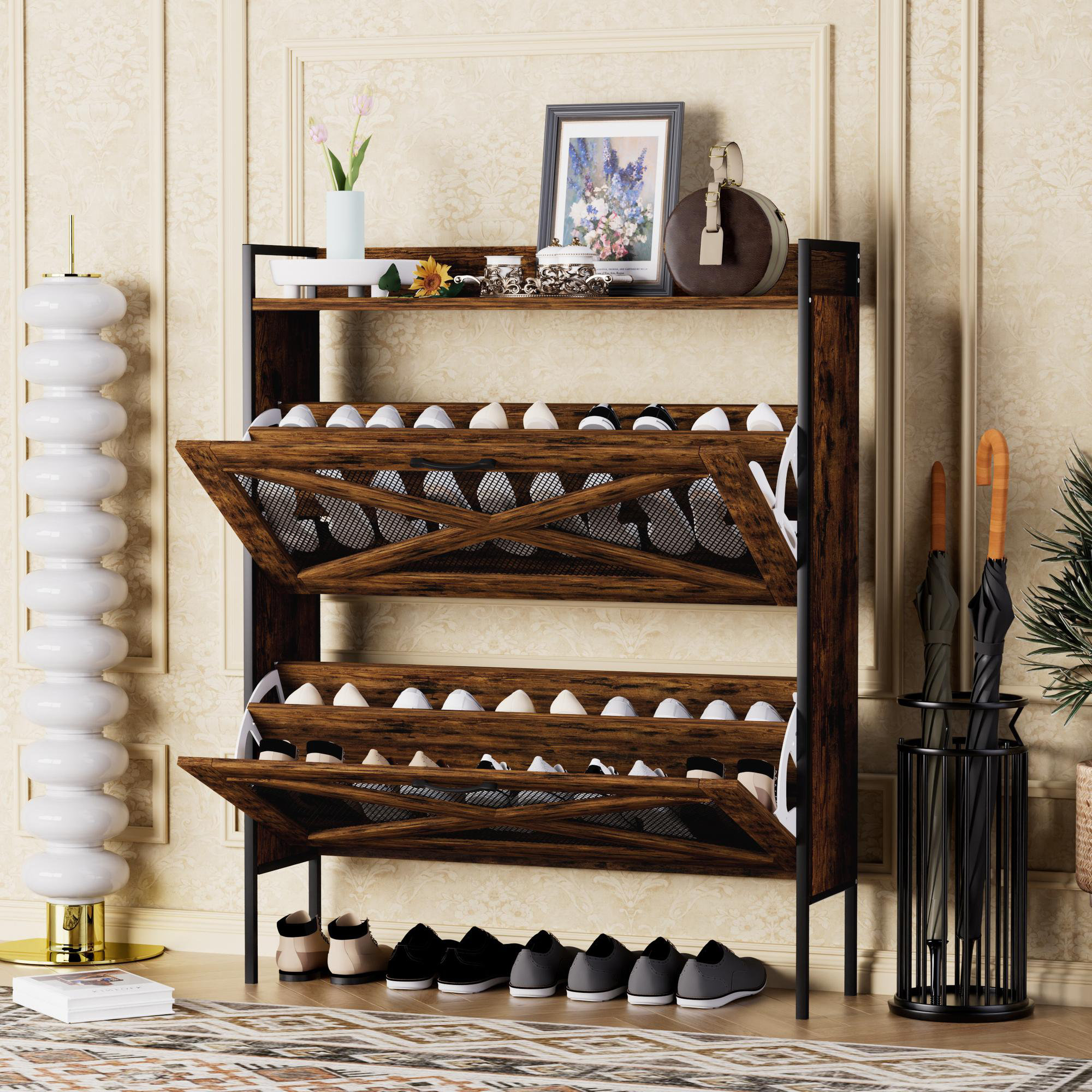 Ophelia & Co. A shoe cabinet with 2 flip-top drawers, an entryway shoe cabinet, a narrow ...