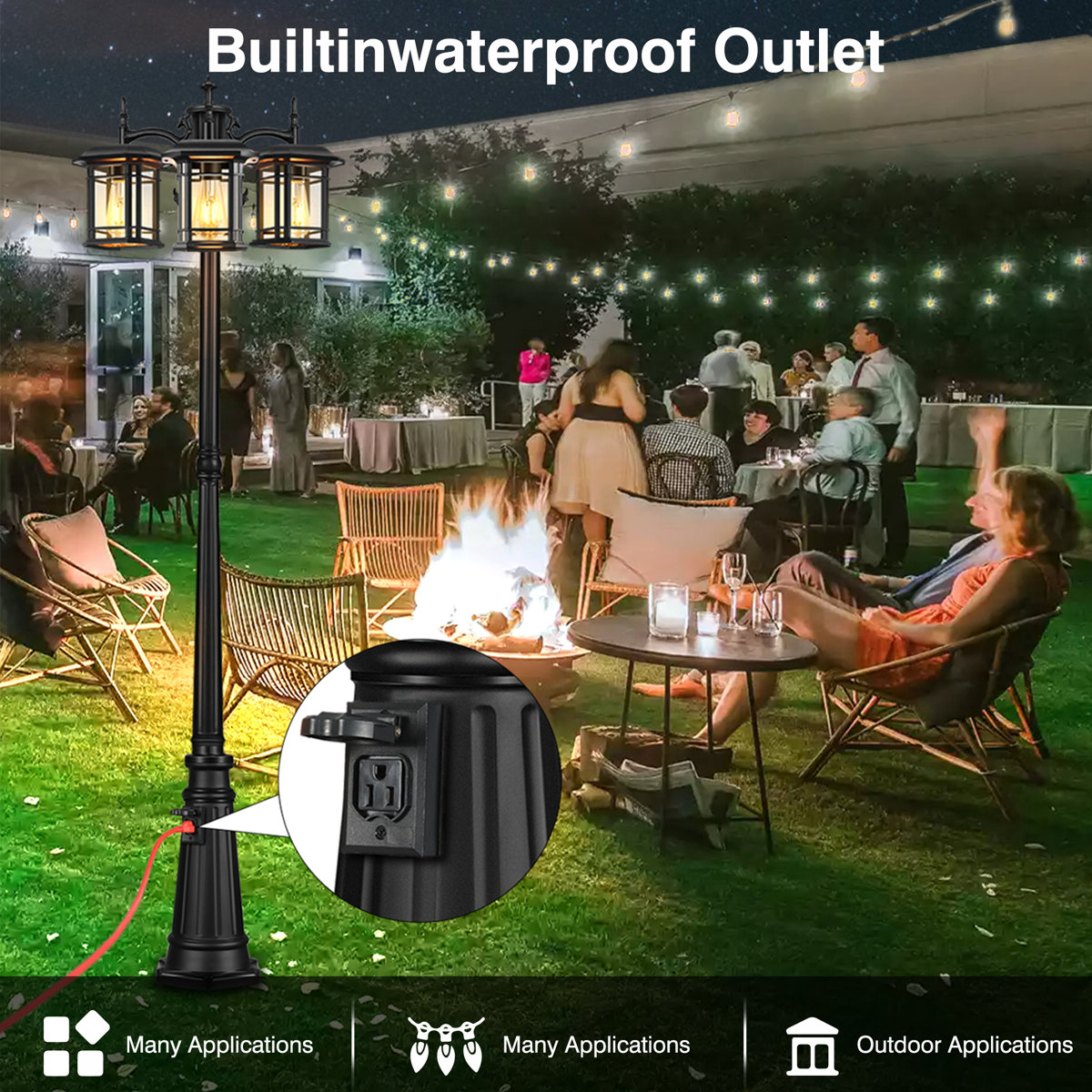 Alcott Hill® 3-Head Outdoor Lamp Post Light with Outlet, Black Dusk to ...