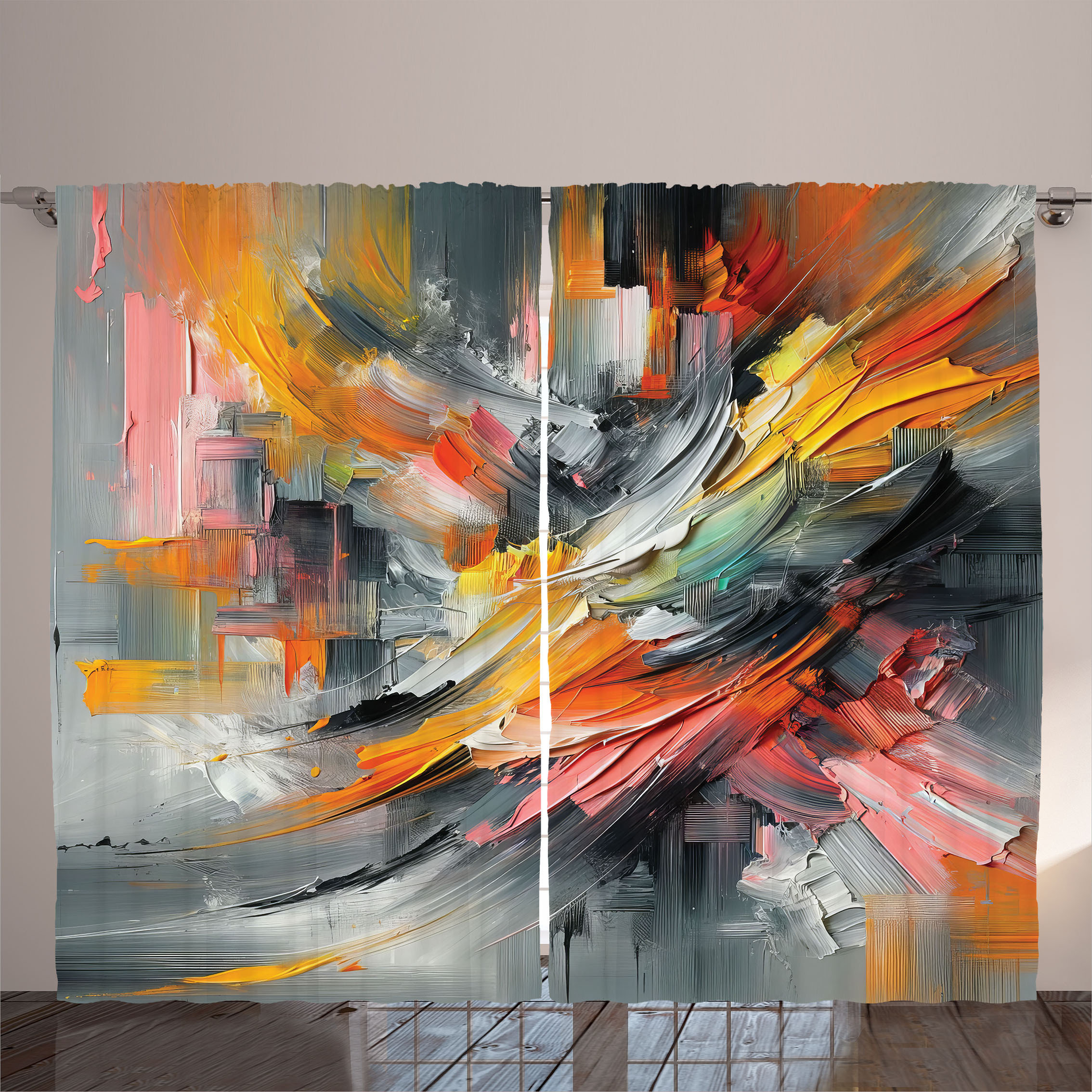 Ambesonne Curtains 2 Panel Set, Abstract Futurist Print Orange Coral ...