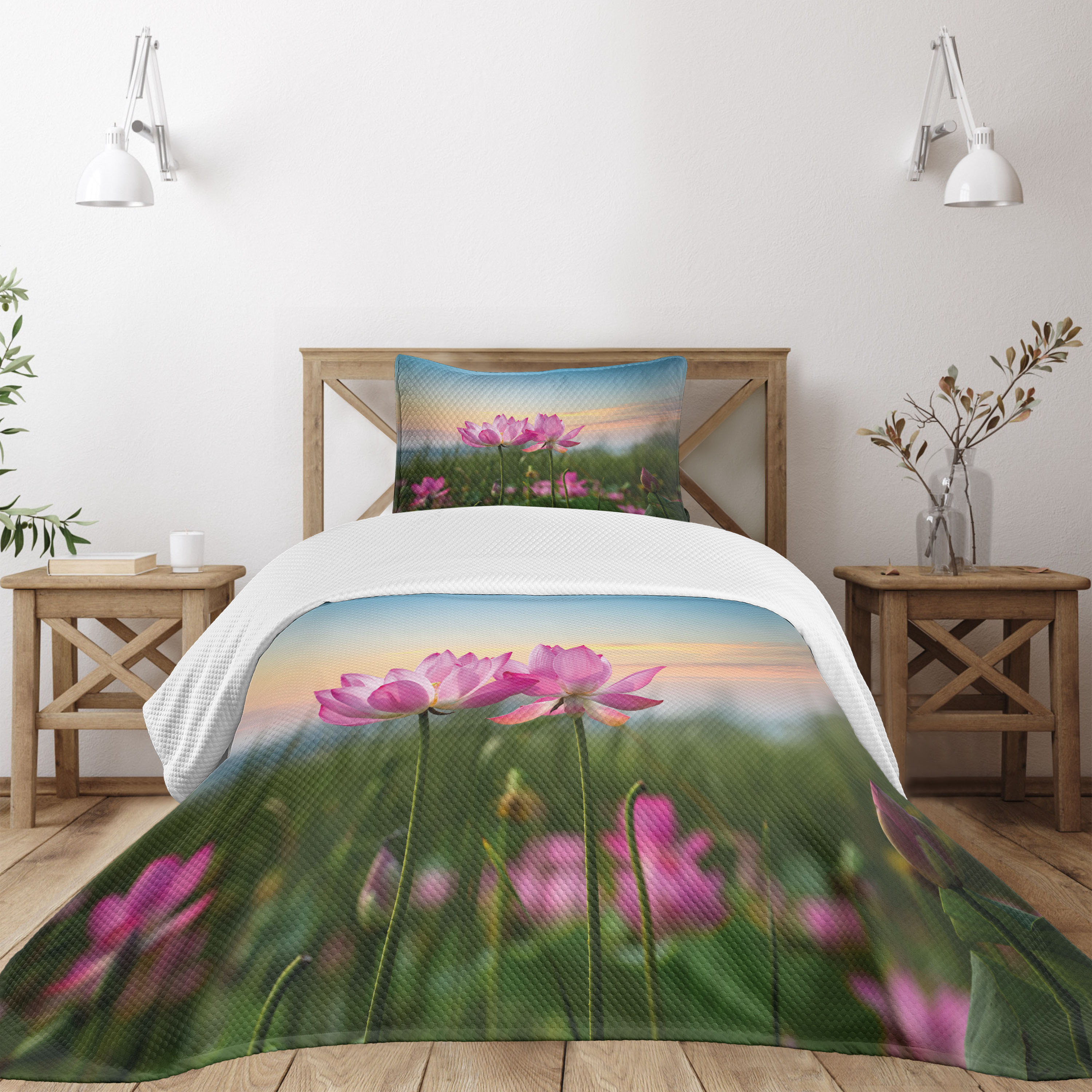 Ambesonne Lotus Bedspread Set Blooms Garden Pale Pink Pale Blue | Wayfair