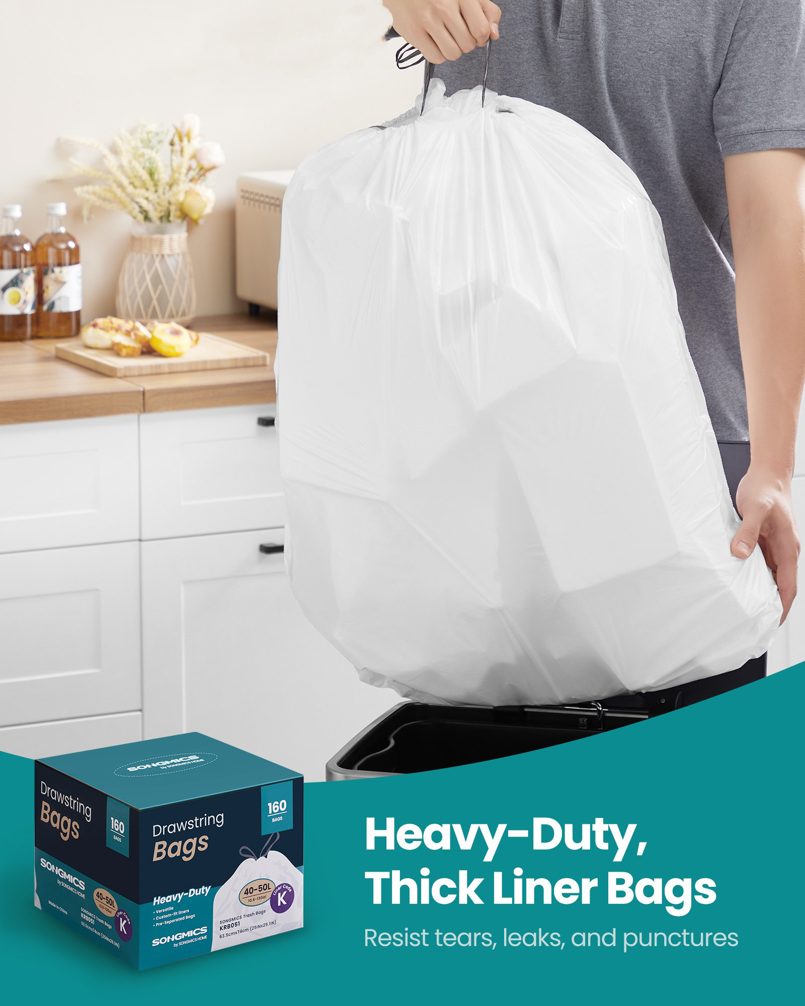 Songmics 13 Gallon Trash Bags, 160 Count, Drawstring Kitchen Bin Bags ...